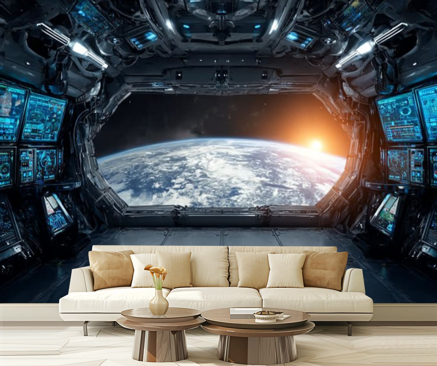 Peel and Stick Wallpaper Dark blue spaceship interior window view 3d ...