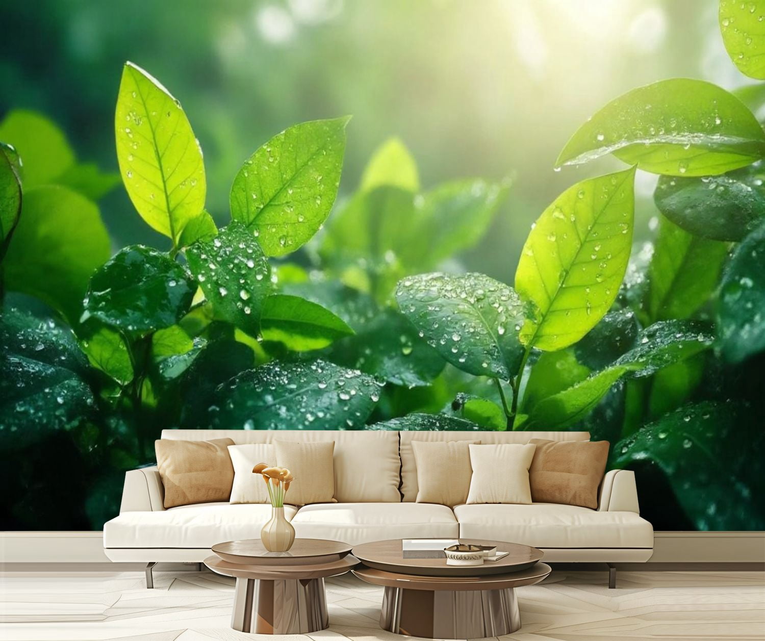 Peel and Stick Wallpaper Dewdrops Green Leaf Botanical Forest Sunlight ...