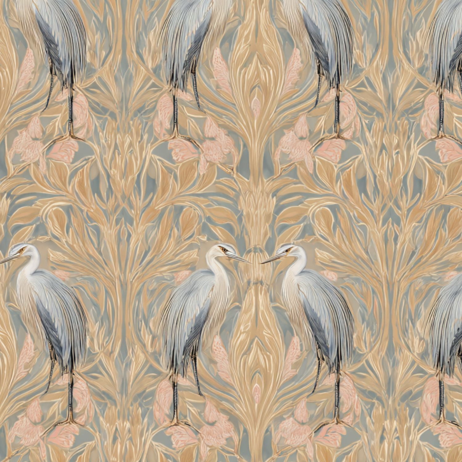 Peel and Stick Wallpaper Elegant Floral Herons Soft Gold Blue Tones ...