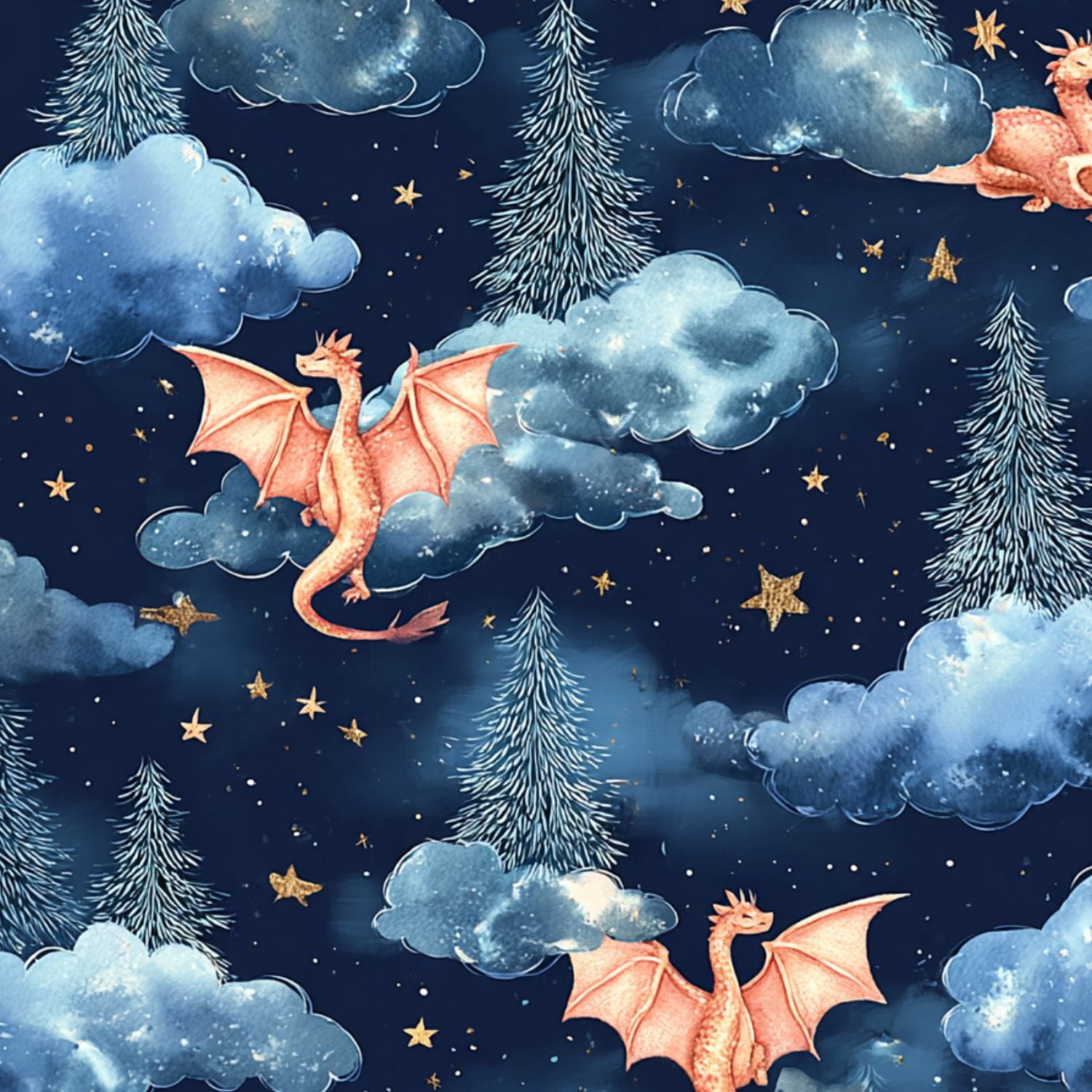 Peel and Stick Wallpaper Fantasy Night Sky Dragons Clouds Stars Trees ...