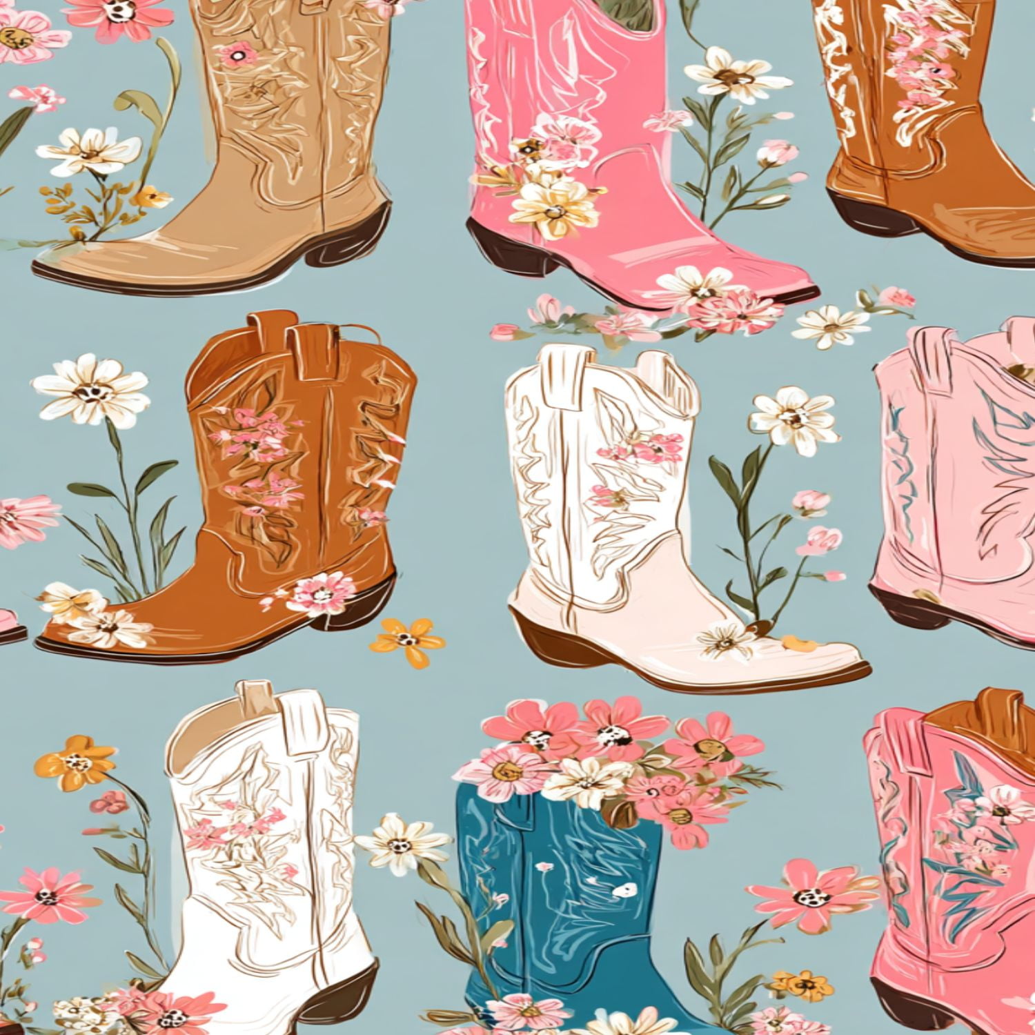 Peel and Stick Wallpaper Floral Cowboy Boots Pink White Brown Designs ...
