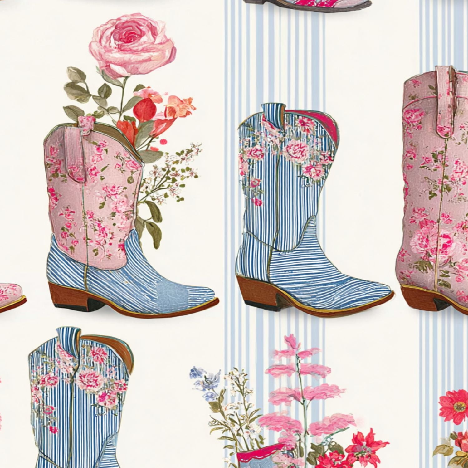 Peel and Stick Wallpaper Floral Cowboy Boots Stripes Rose Patterns Wall ...