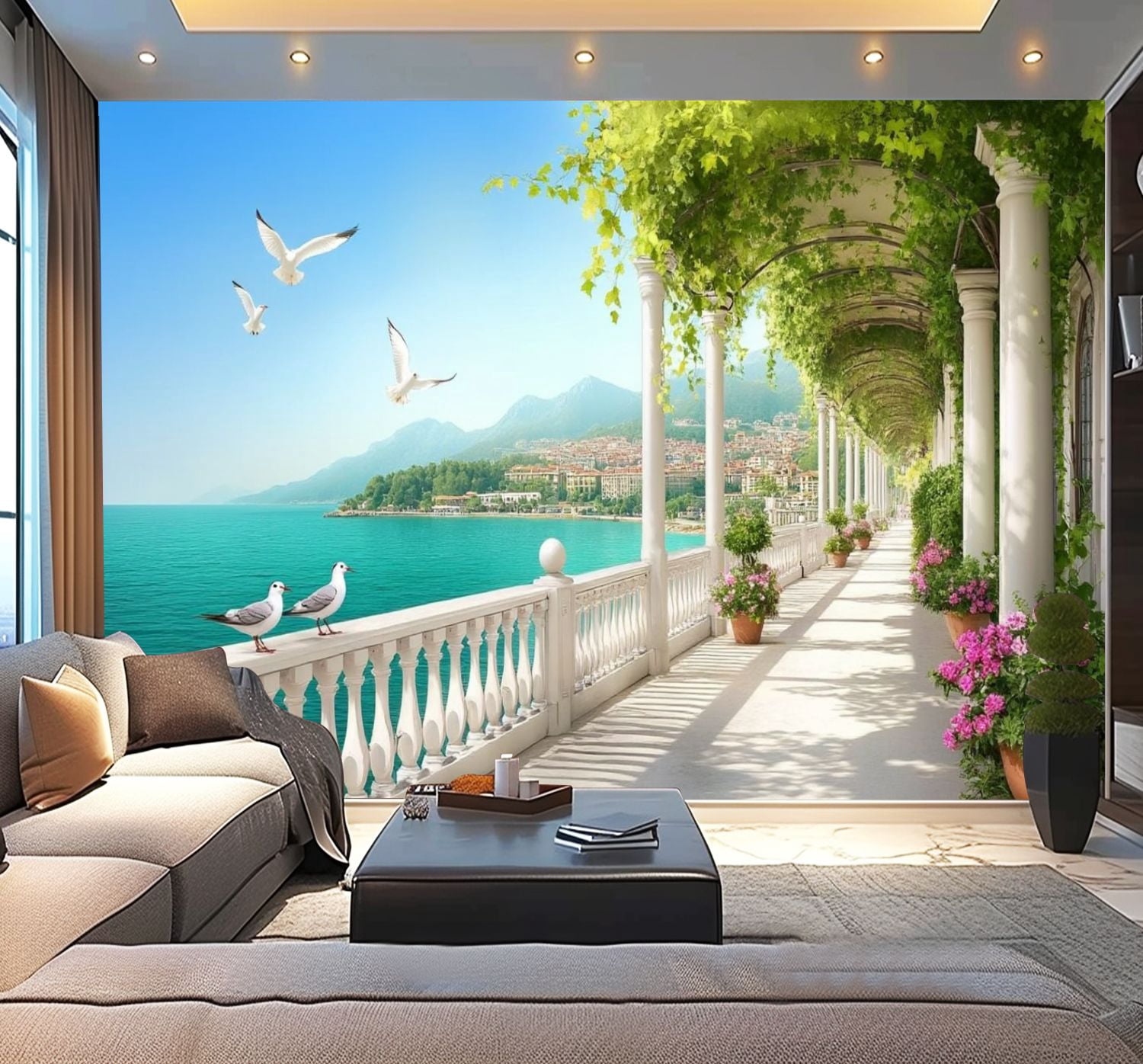 Peel and Stick Wallpaper Flower Corridor Seaside Town 3D Mural Self ...