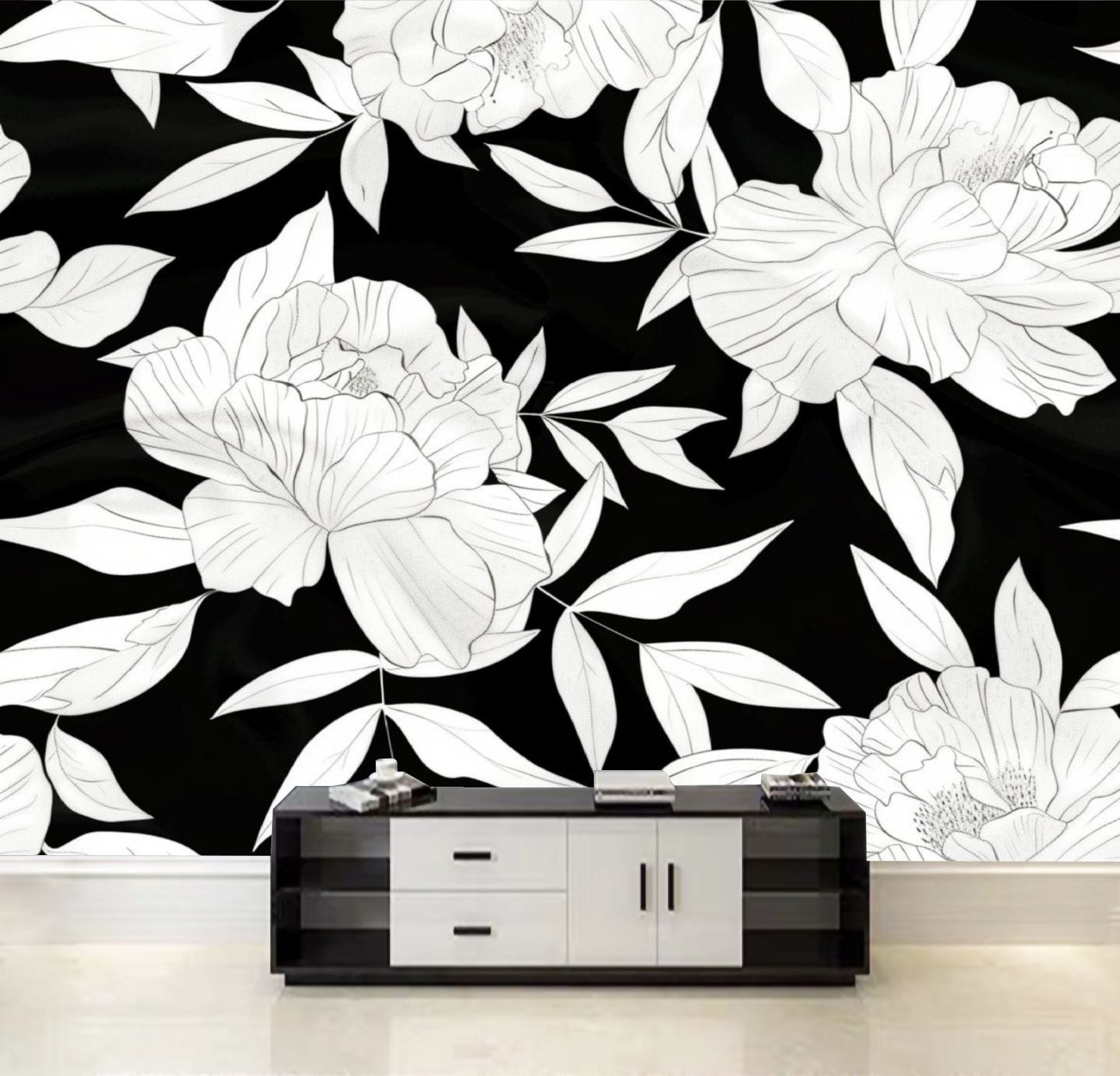 Peel and Stick Wallpaper Flowers texture cute print pattern Black ...
