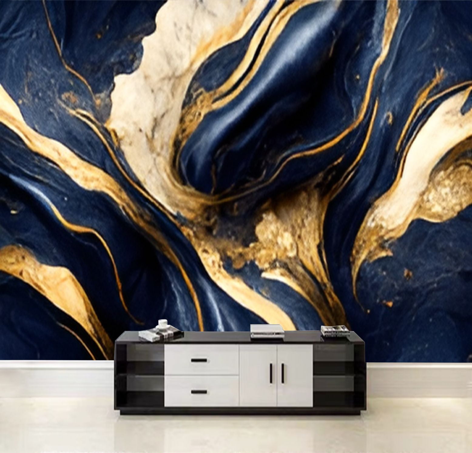 Peel and Stick Wallpaper Golden dark blue luxurious marble textured ...