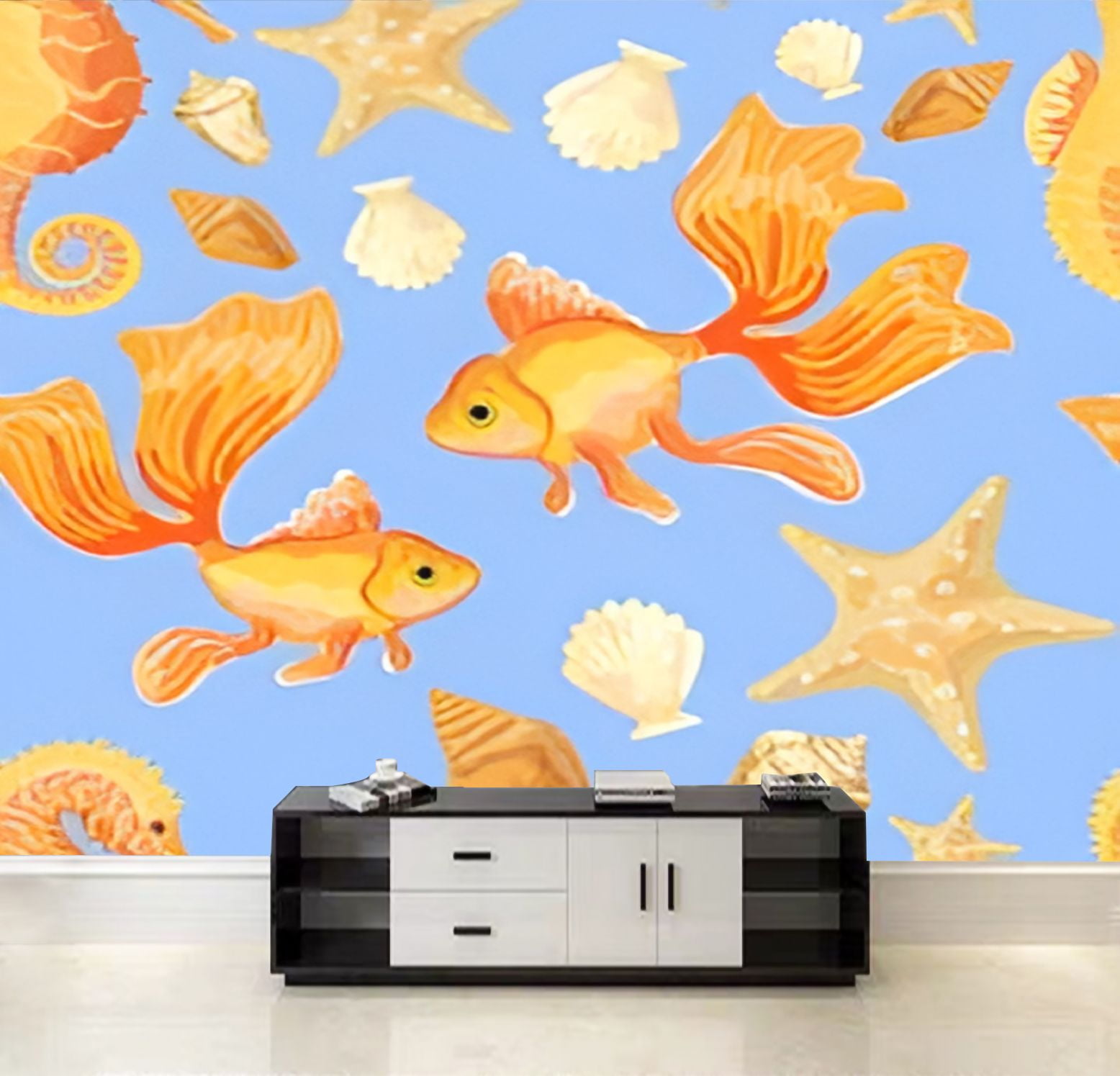 Peel and Stick Wallpaper Goldfish starfish shells Seamless pattern fish ...