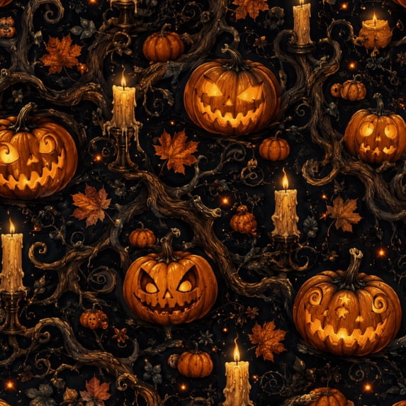 Peel and Stick Wallpaper Halloween Pumpkins Candles Autumn Leaves Dark ...