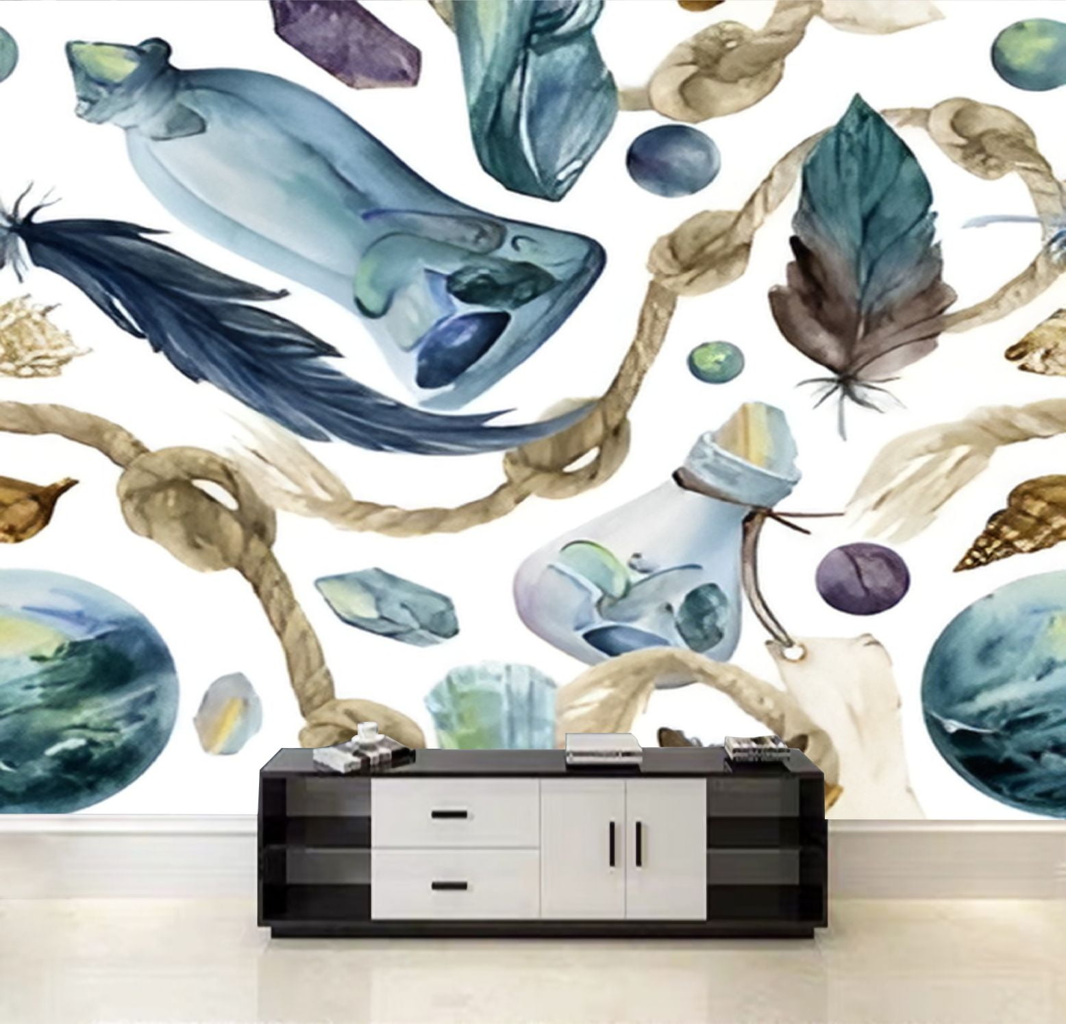 Peel and Stick Wallpaper Hand drawn watercolor sea witch altar objects Glass vial knot rope ...