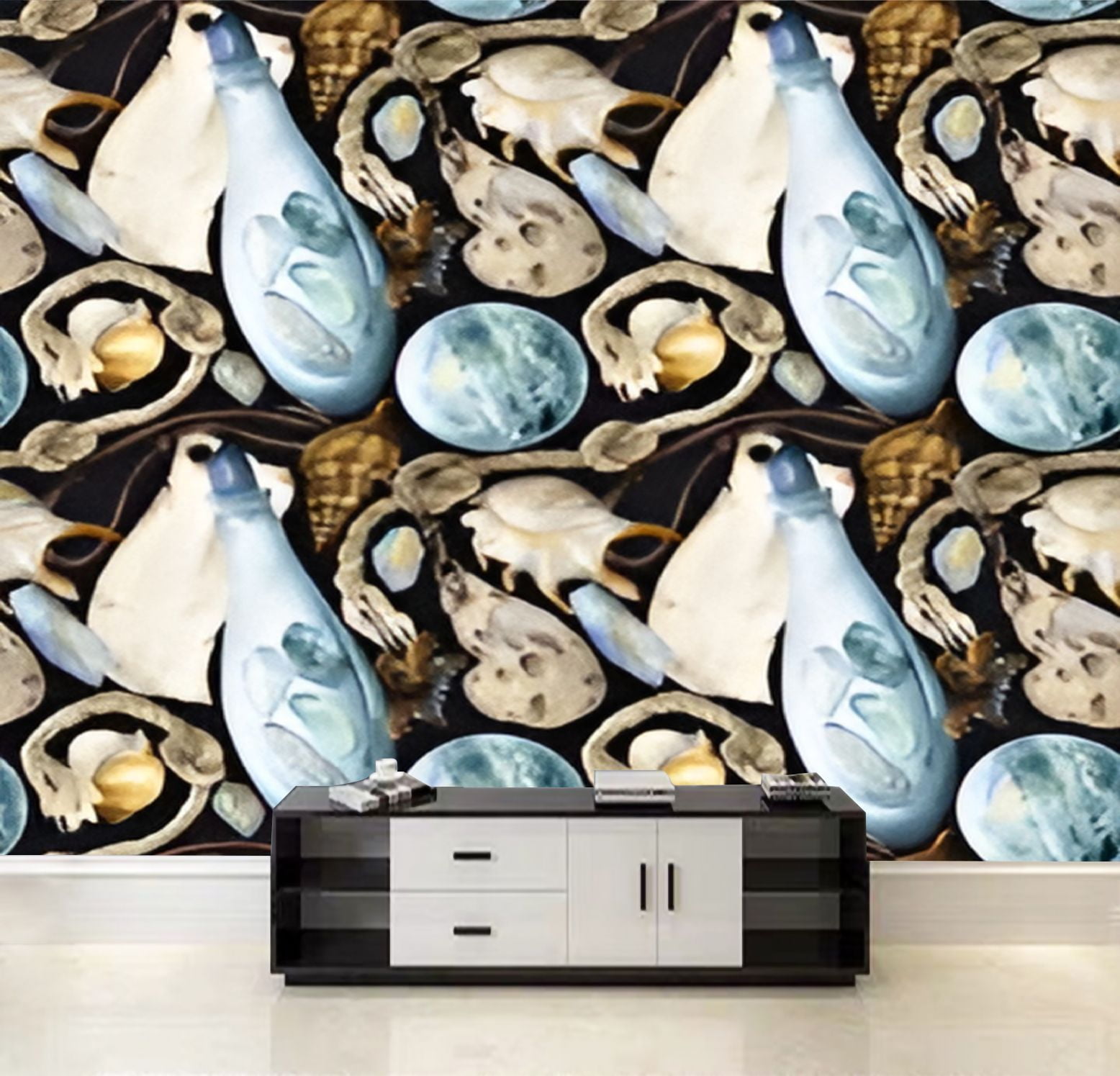 Peel and Stick Wallpaper Hand drawn watercolor sea witch altar objects Glass vial knot rope ...