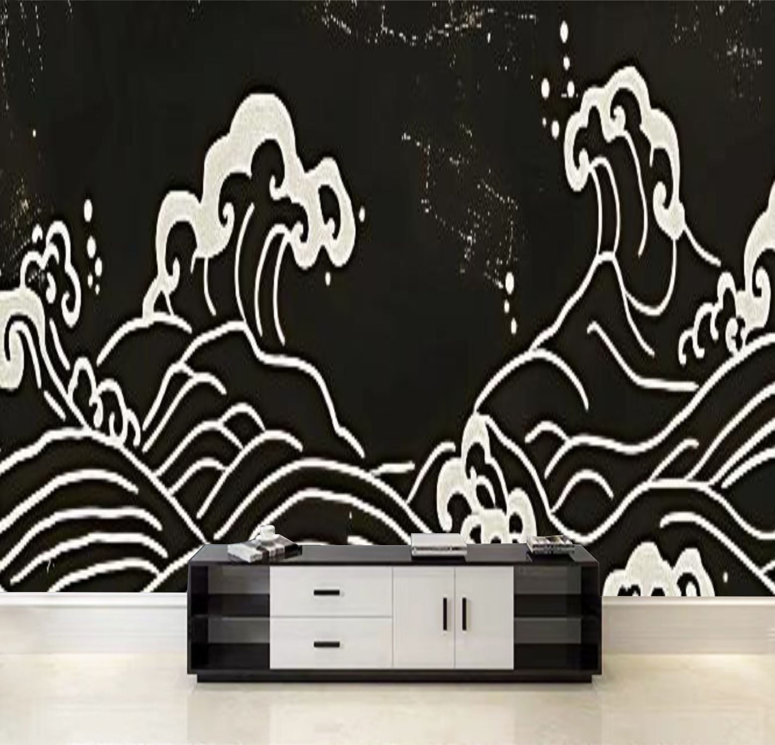 Peel and Stick Wallpaper Hand drawn wave Japanese pattern Oriental line ...