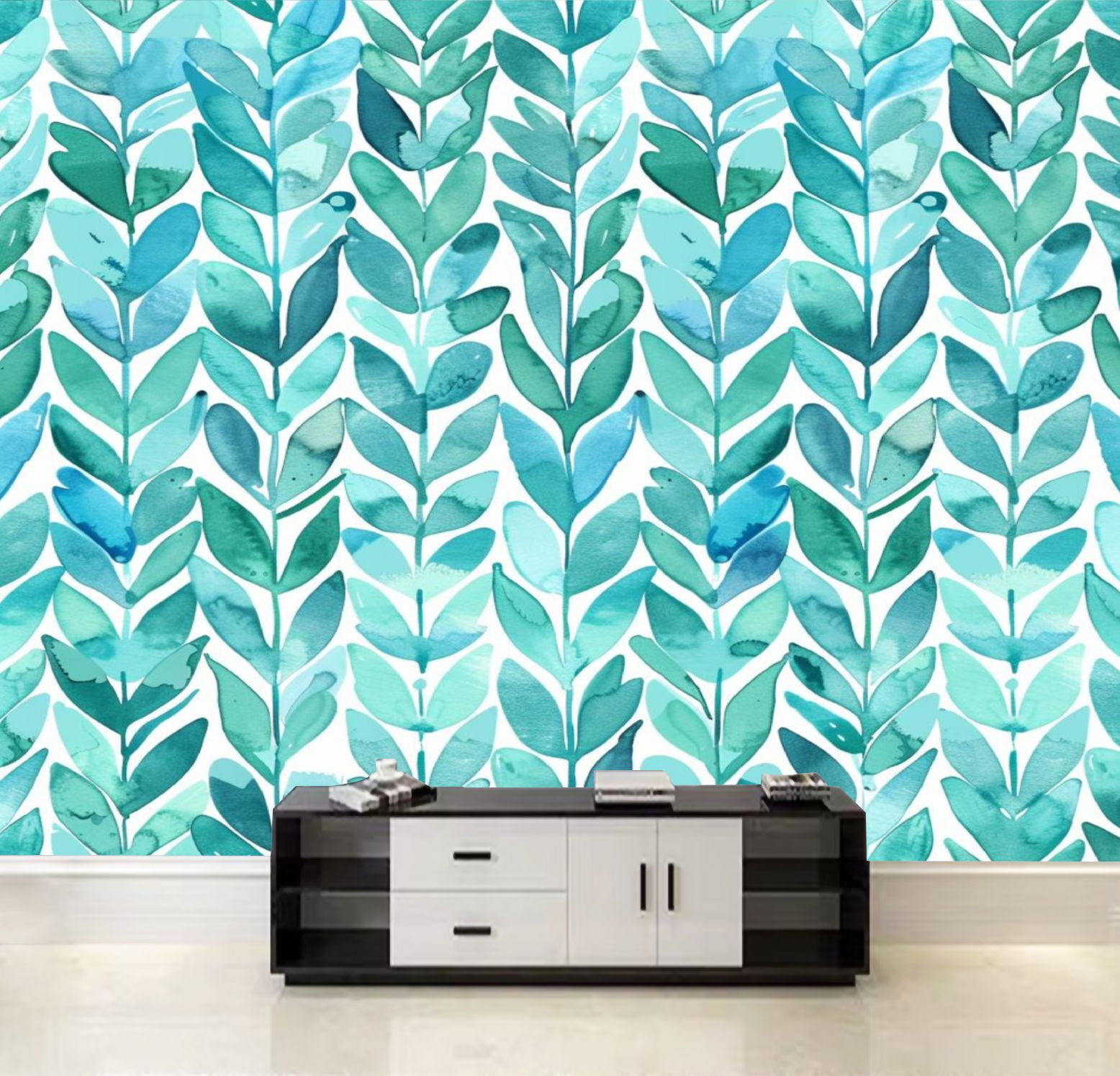 Peel and Stick Wallpaper Hand turquoise watercolor leaf like arabesque ...