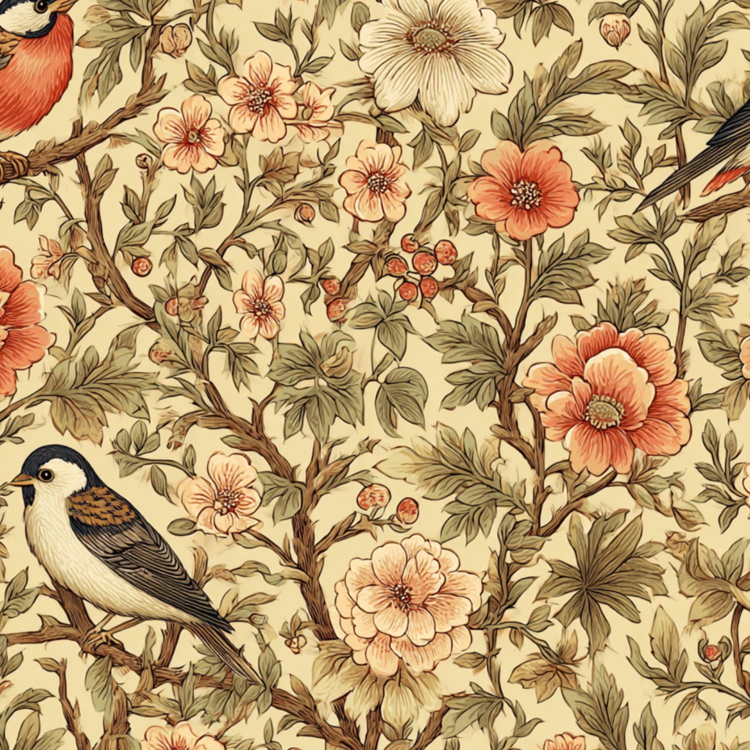 Peel and Stick Wallpaper Ink Vintage Orange Red Bird Florals Small ...