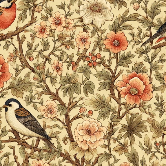 Peel and Stick Wallpaper Ink Vintage Orange Red Bird Florals Small ...