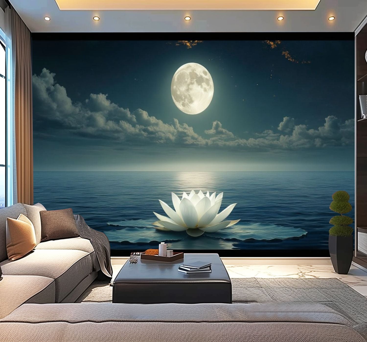 Peel and Stick Wallpaper Lotus Flower Full Moon Ocean Scene Zen ...
