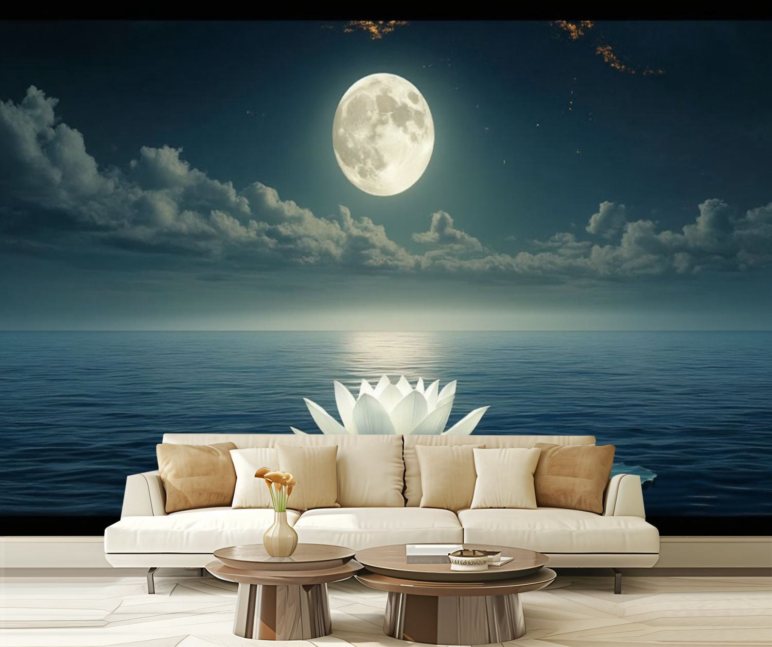 Peel and Stick Wallpaper Lotus Flower Full Moon Ocean Scene Zen ...