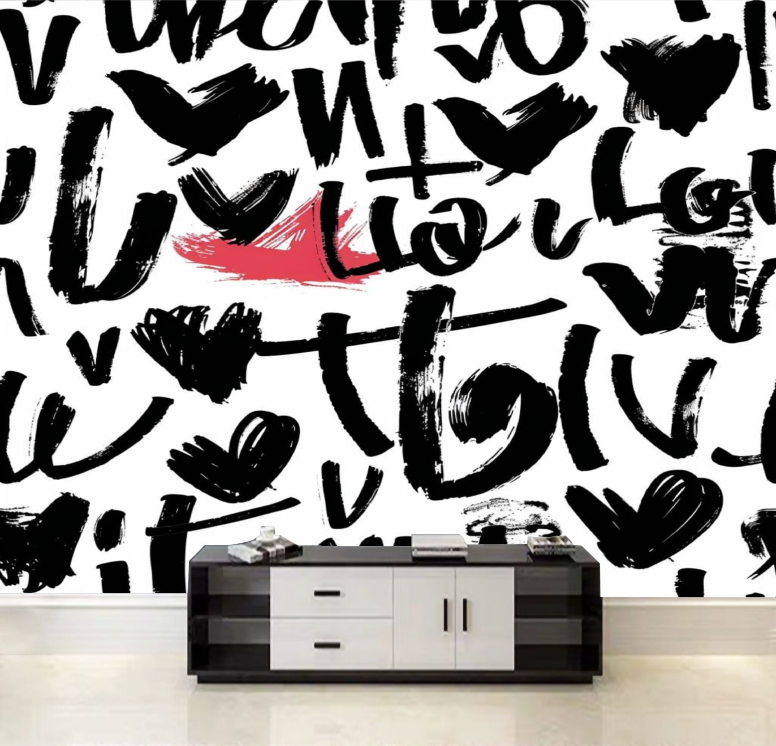 Peel and Stick Wallpaper Love calligraphic phrase seamless pattern Abstract romantic hand drawn ...