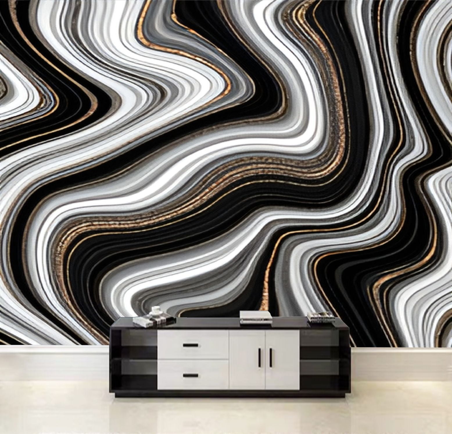 Peel and Stick Wallpaper Luxury liquid black white golden marble ...