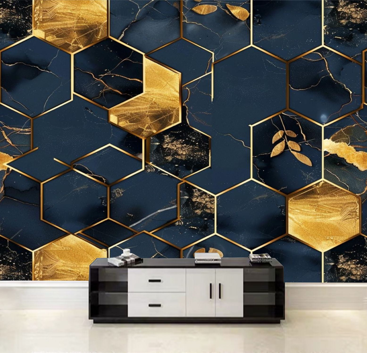 Peel and Stick Wallpaper Marble hexagon seamless texture golden leaves ...