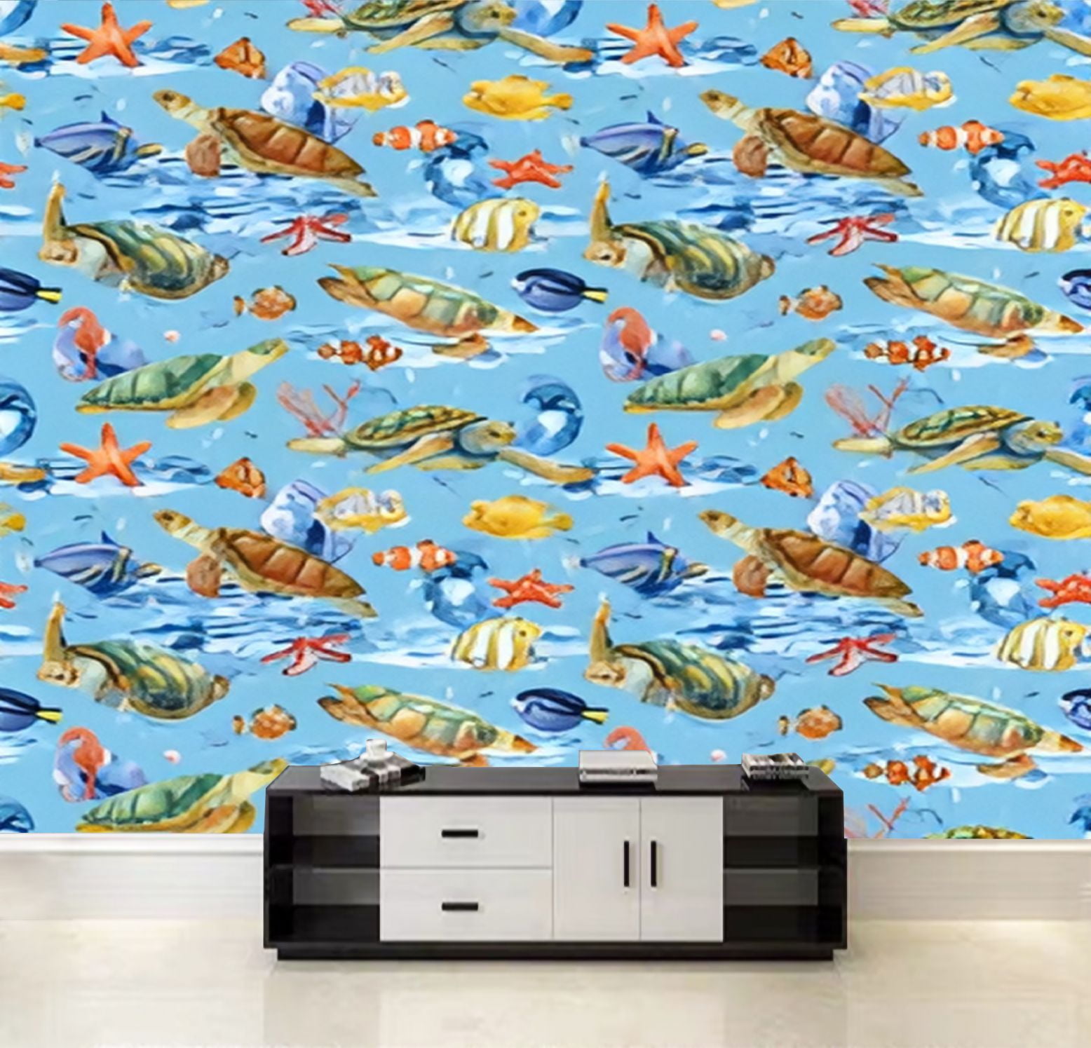 Peel and Stick Wallpaper Marine dolphins fish seahorse Seamless pattern ...