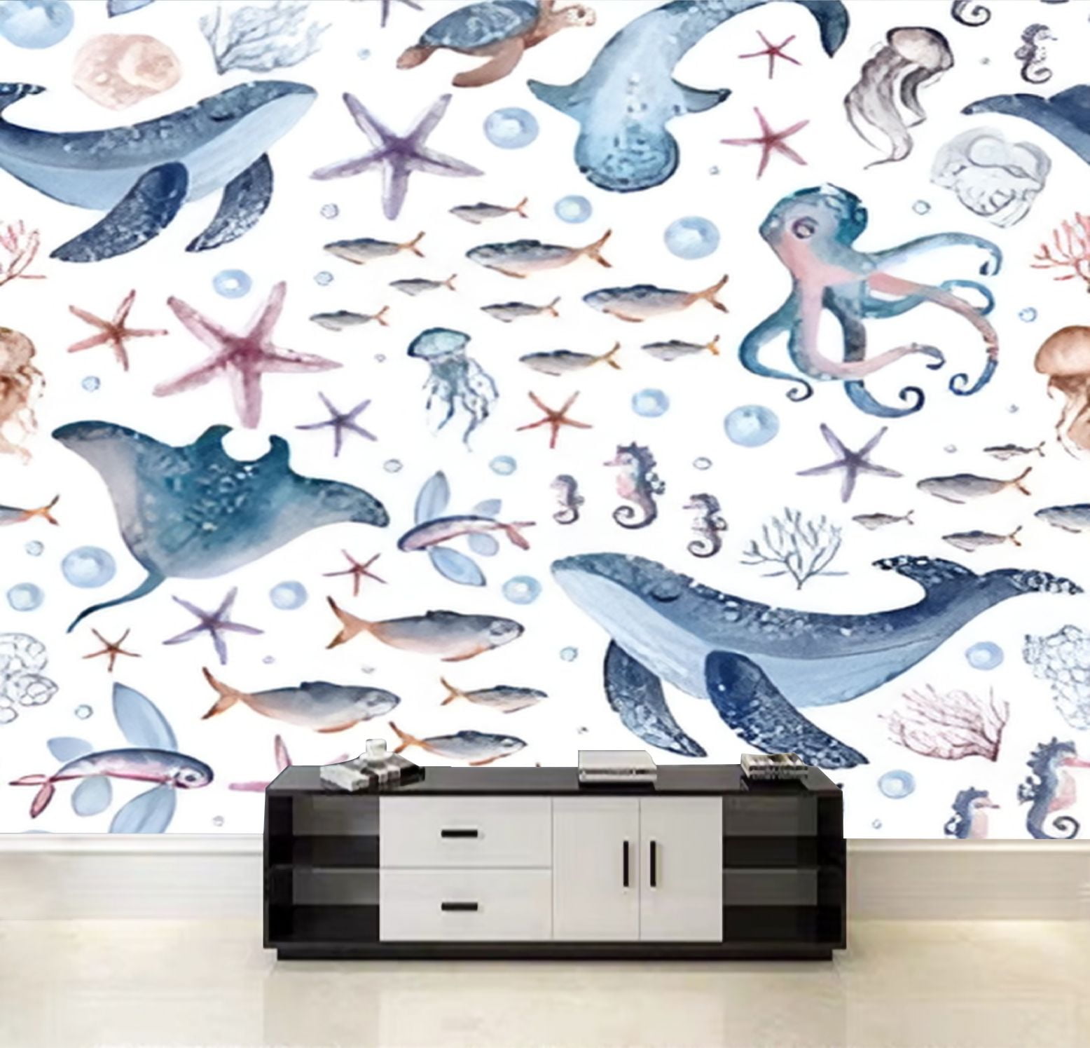 Peel and Stick Wallpaper Marine seamless pattern marine animals corals ...