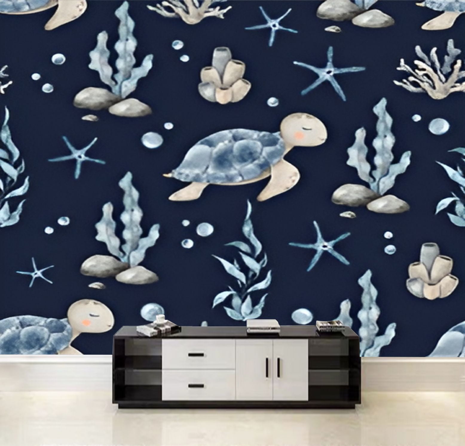 Peel and Stick Wallpaper Marine seamless pattern sea animals plants ...