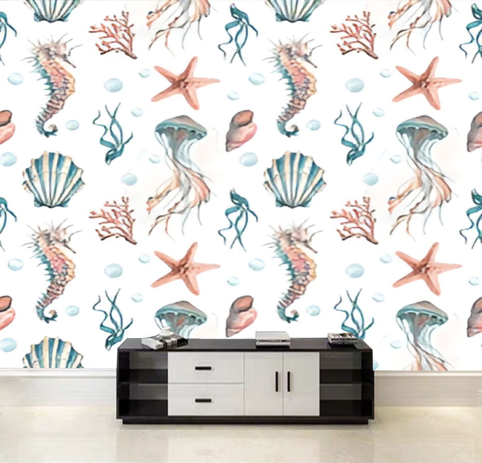 Peel and Stick Wallpaper Marine seamless pattern seahorses jellyfish ...