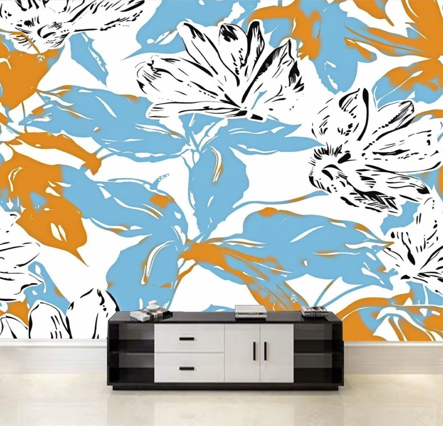 Peel and Stick Wallpaper Minimal orange blue abstract floral print ...