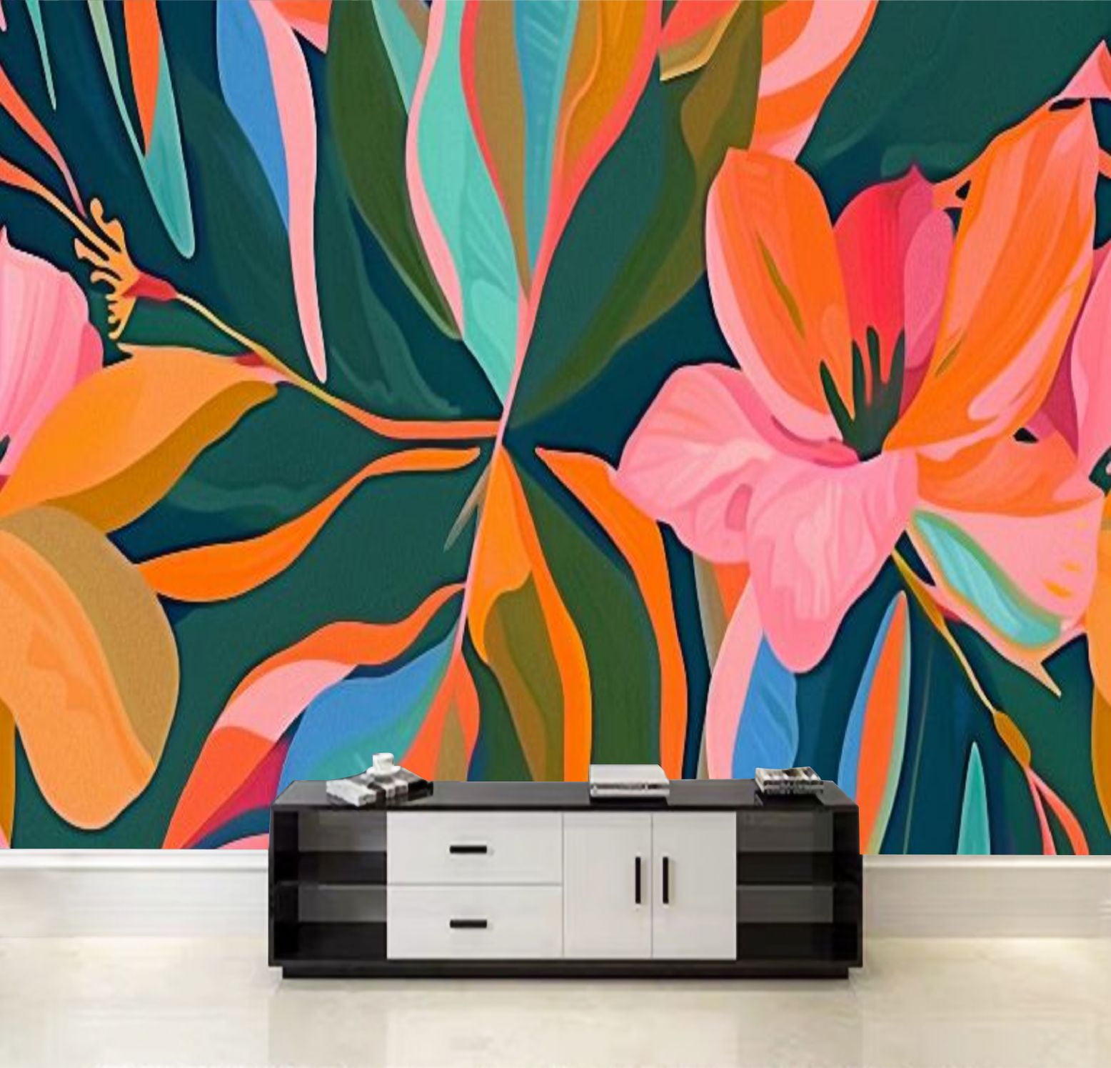 Peel and Stick Wallpaper Modern tropical floral pattern Colorful ...