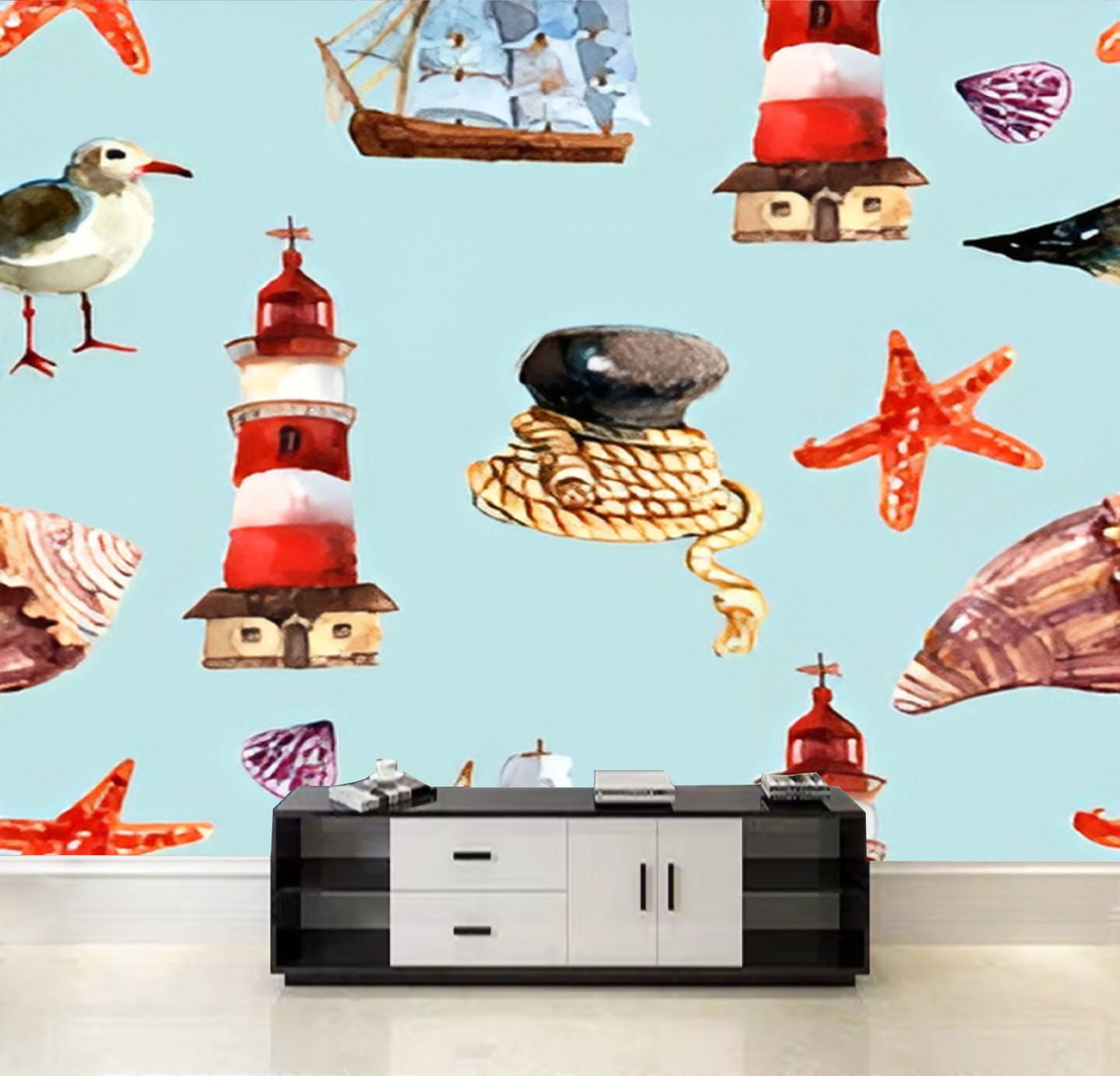 Peel and Stick Wallpaper Nautical seamless pattern sail rope starfish ...