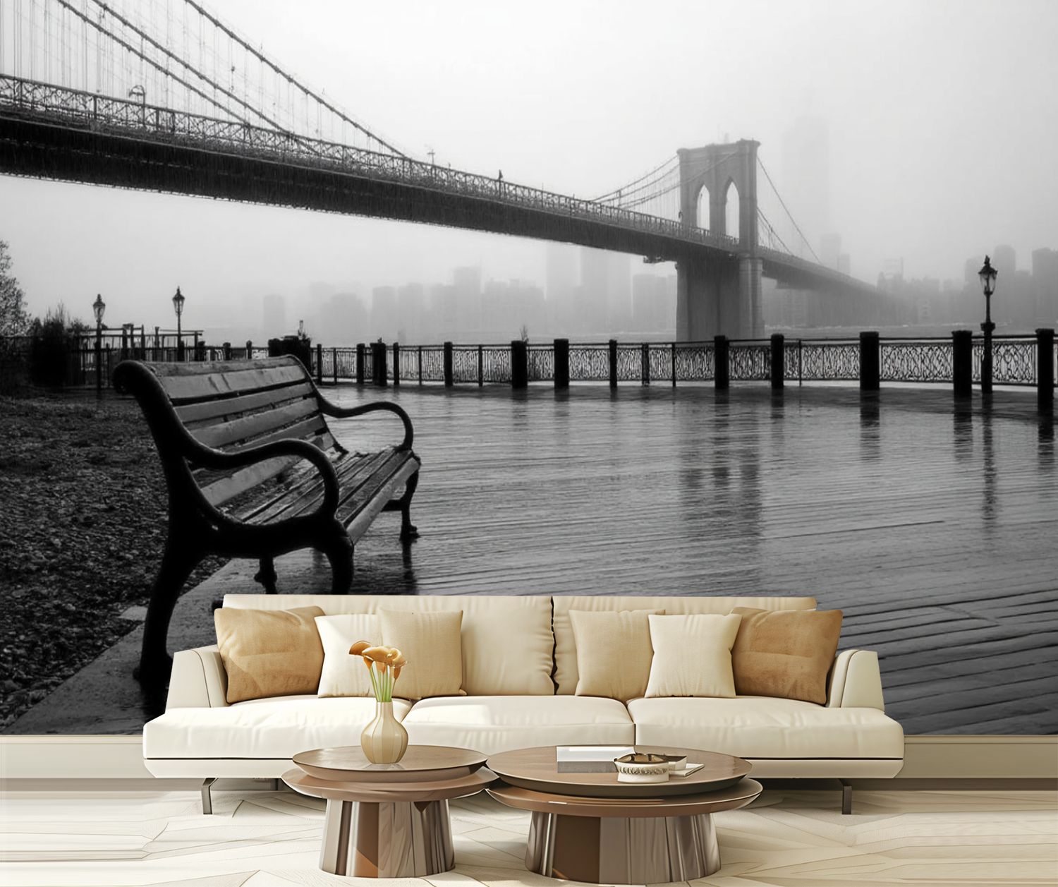 Peel and Stick Wallpaper New York City Empty Benches Wooden Boardwalk ...