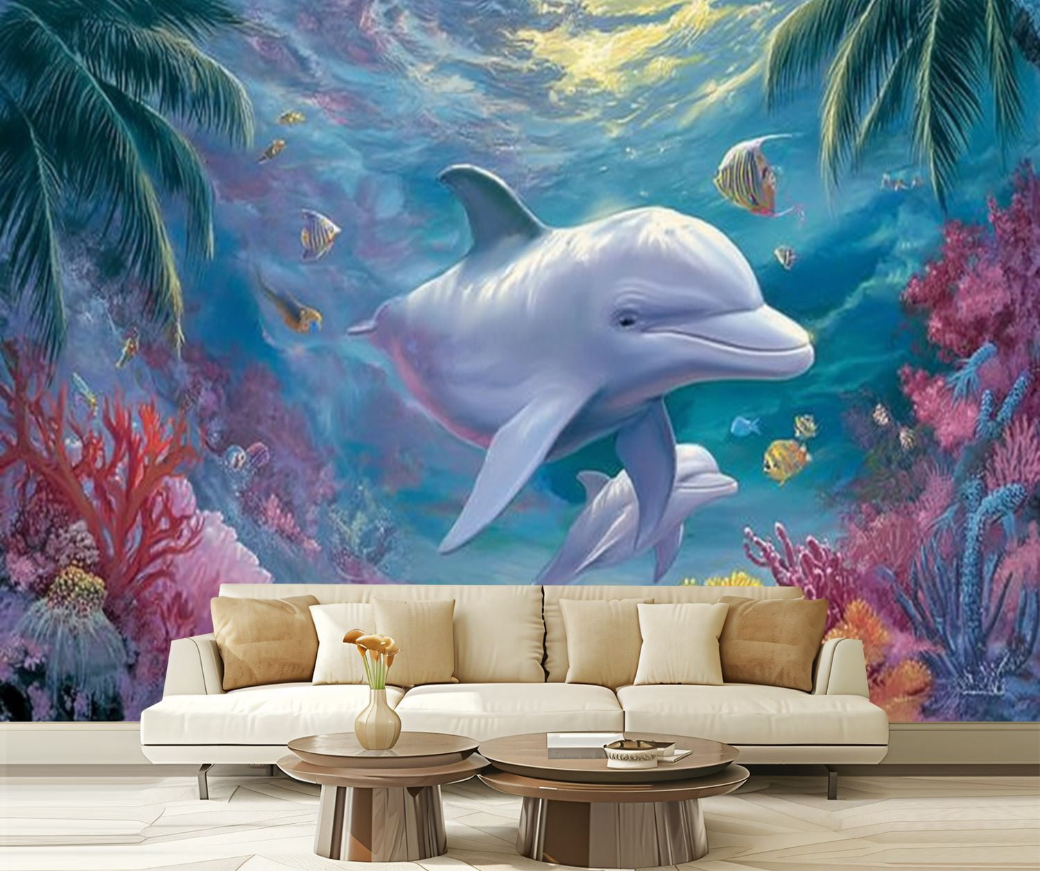 Peel and Stick Wallpaper Ocean White Gull Dolphin Wall Mural Dolphins ...