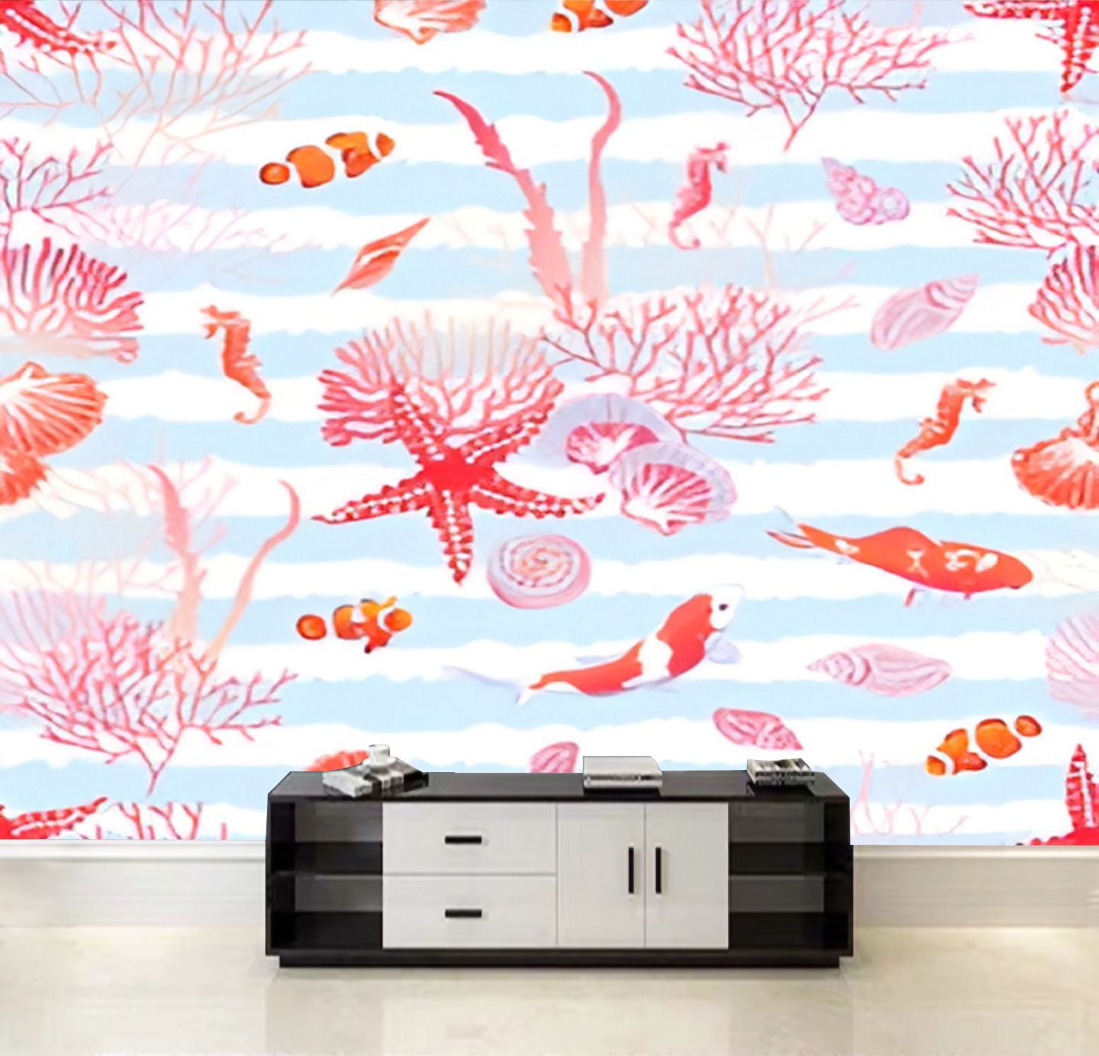 Peel and Stick Wallpaper Ocean nature fishes shells seahorse seamless ...