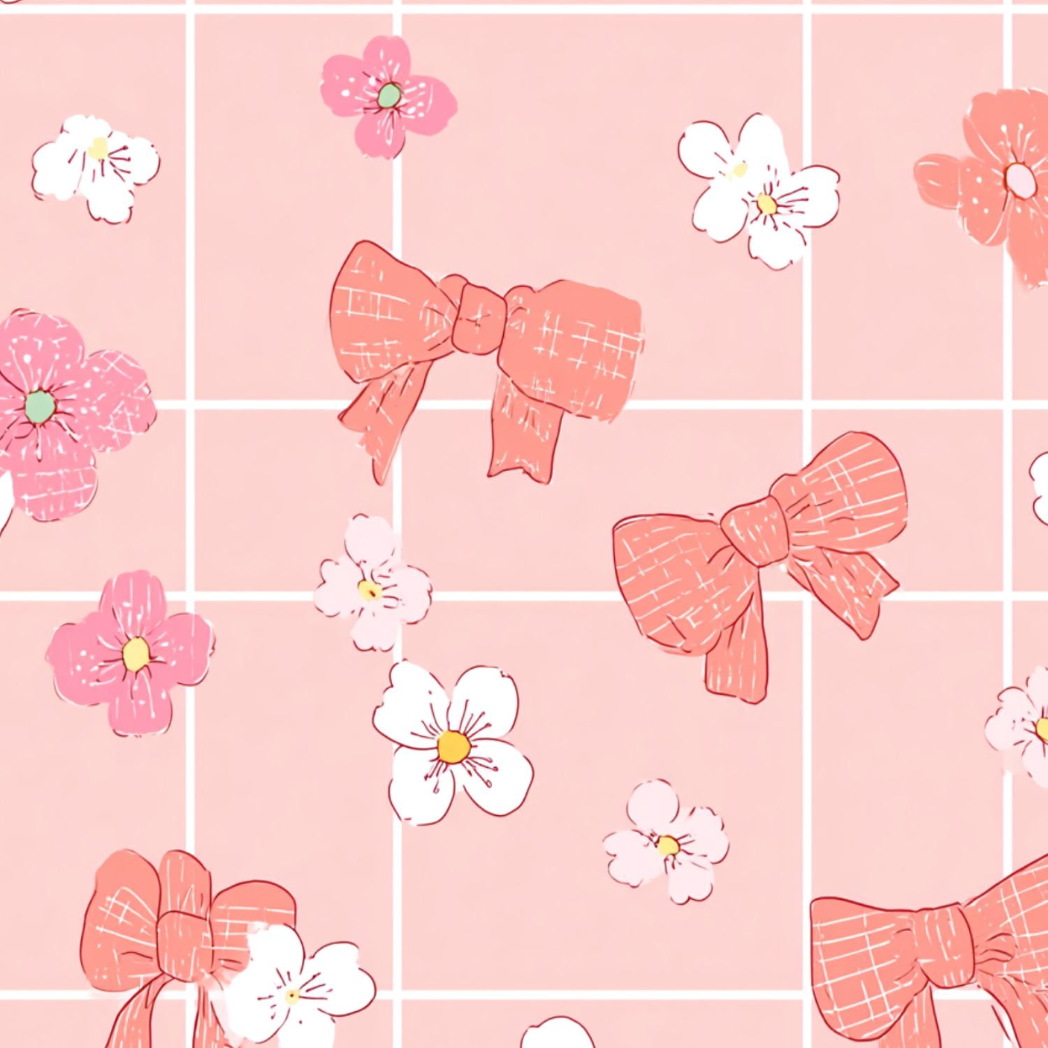 Peel and Stick Wallpaper Pink Bow Floral Cute Pastel Style Grid Wall ...