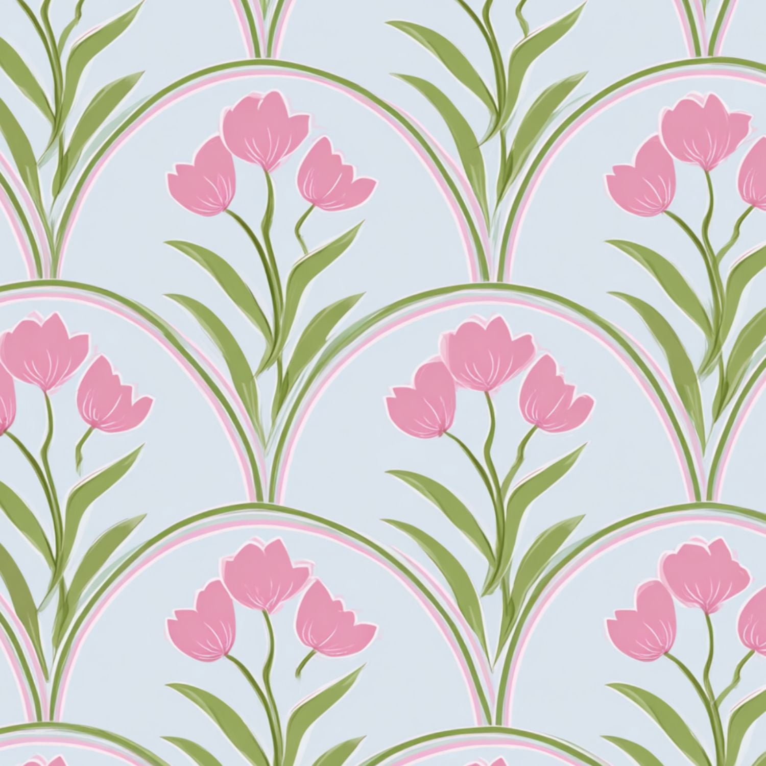 Peel and Stick Wallpaper Pink Tulip Floral Green Leaves Arched Design ...