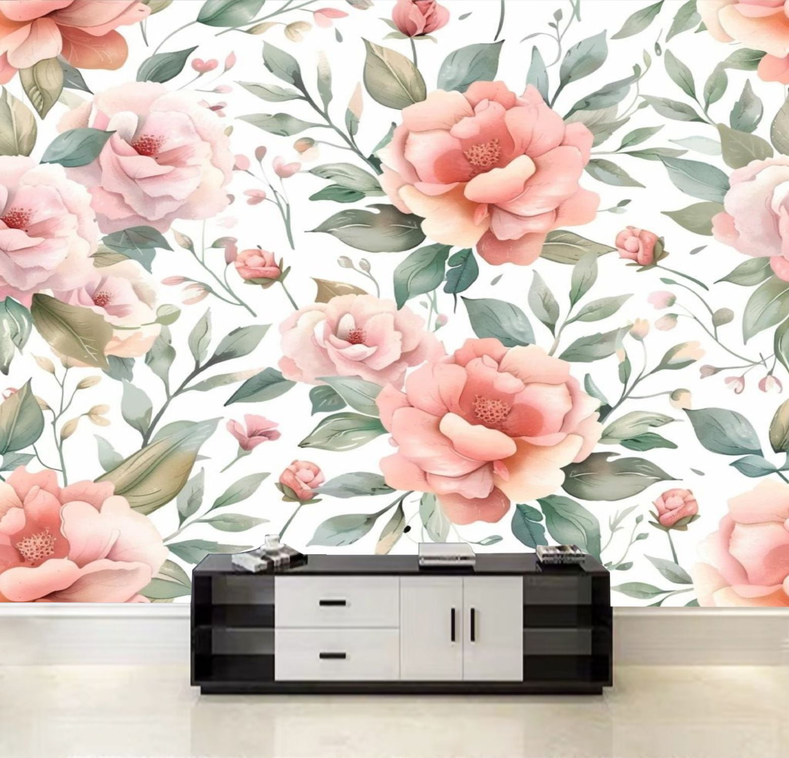 Peel and Stick Wallpaper Pink roses spring blossom pine branches cones border for Christmas ...