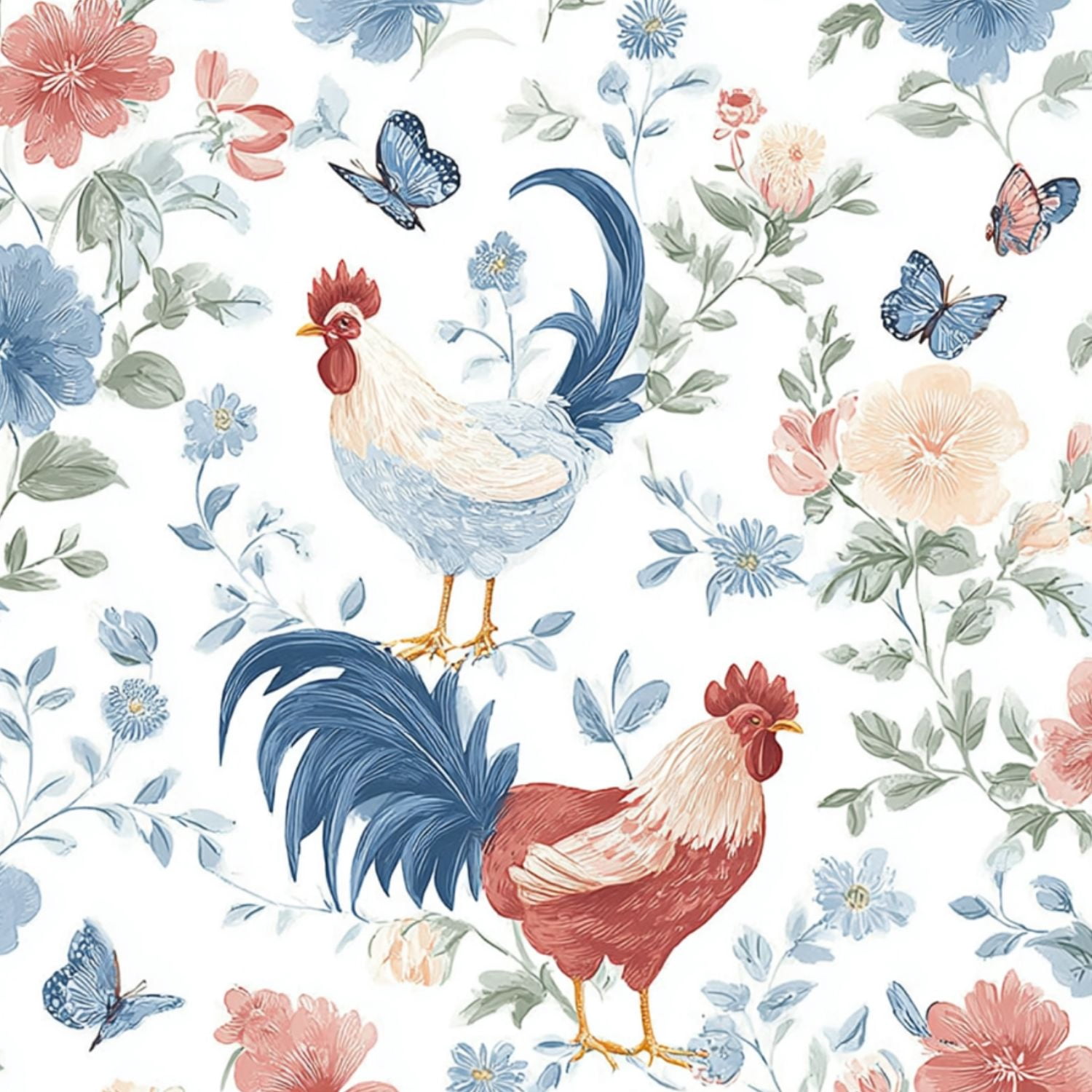 Peel and Stick Wallpaper Roosters Surrounded by Floral Butterfly ...