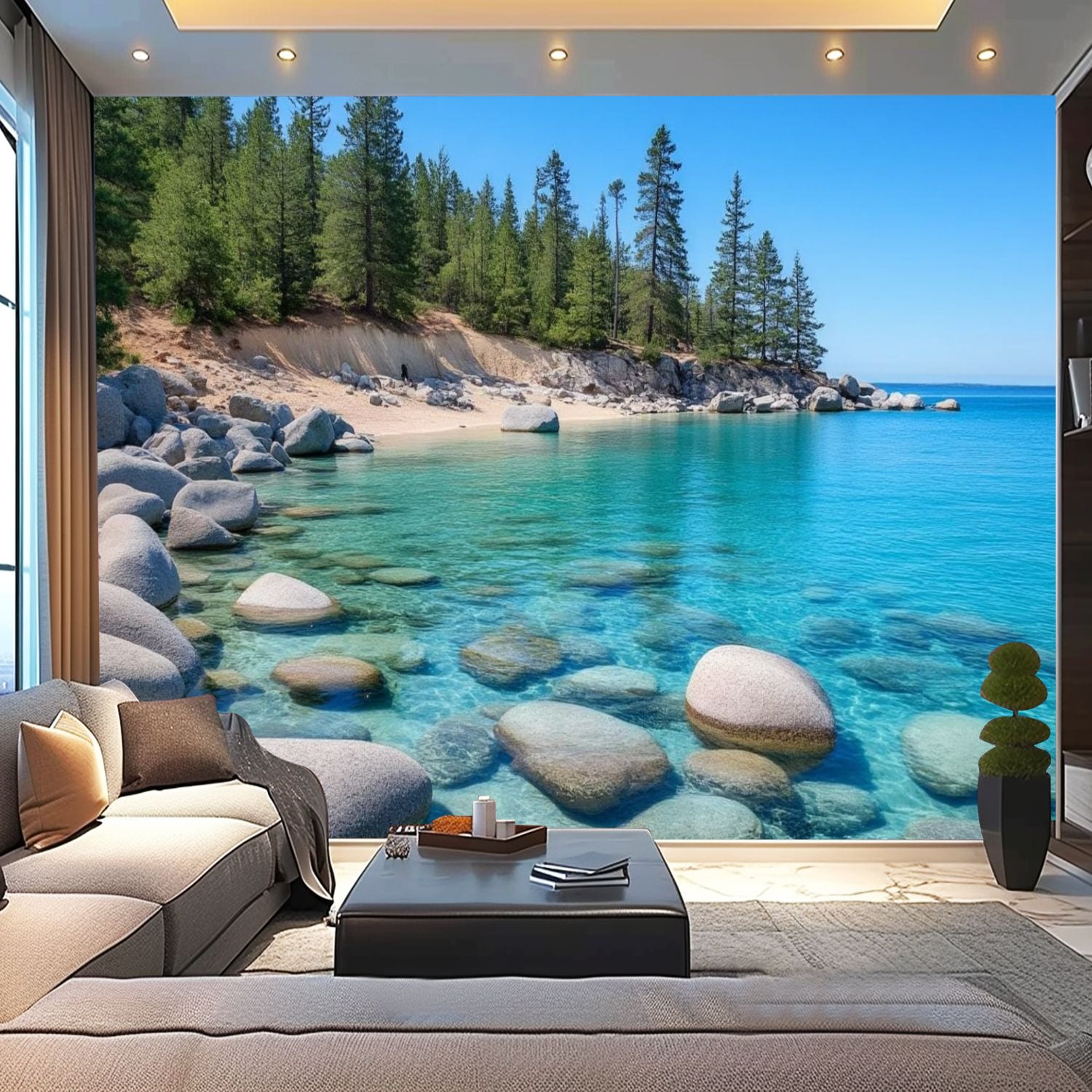 Peel and Stick Wallpaper Scenic Lakeside Crystal Clear Water Stones ...