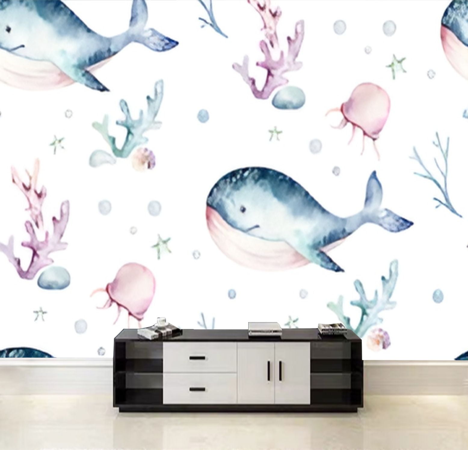 Peel and Stick Wallpaper Sea animals blue watercolor ocean seamless ...