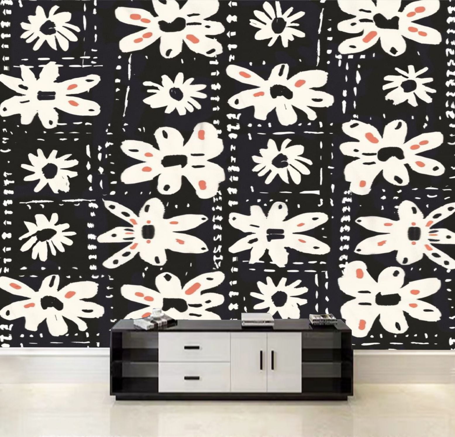Peel and Stick Wallpaper Seamless black white woven cloth floral linen ...