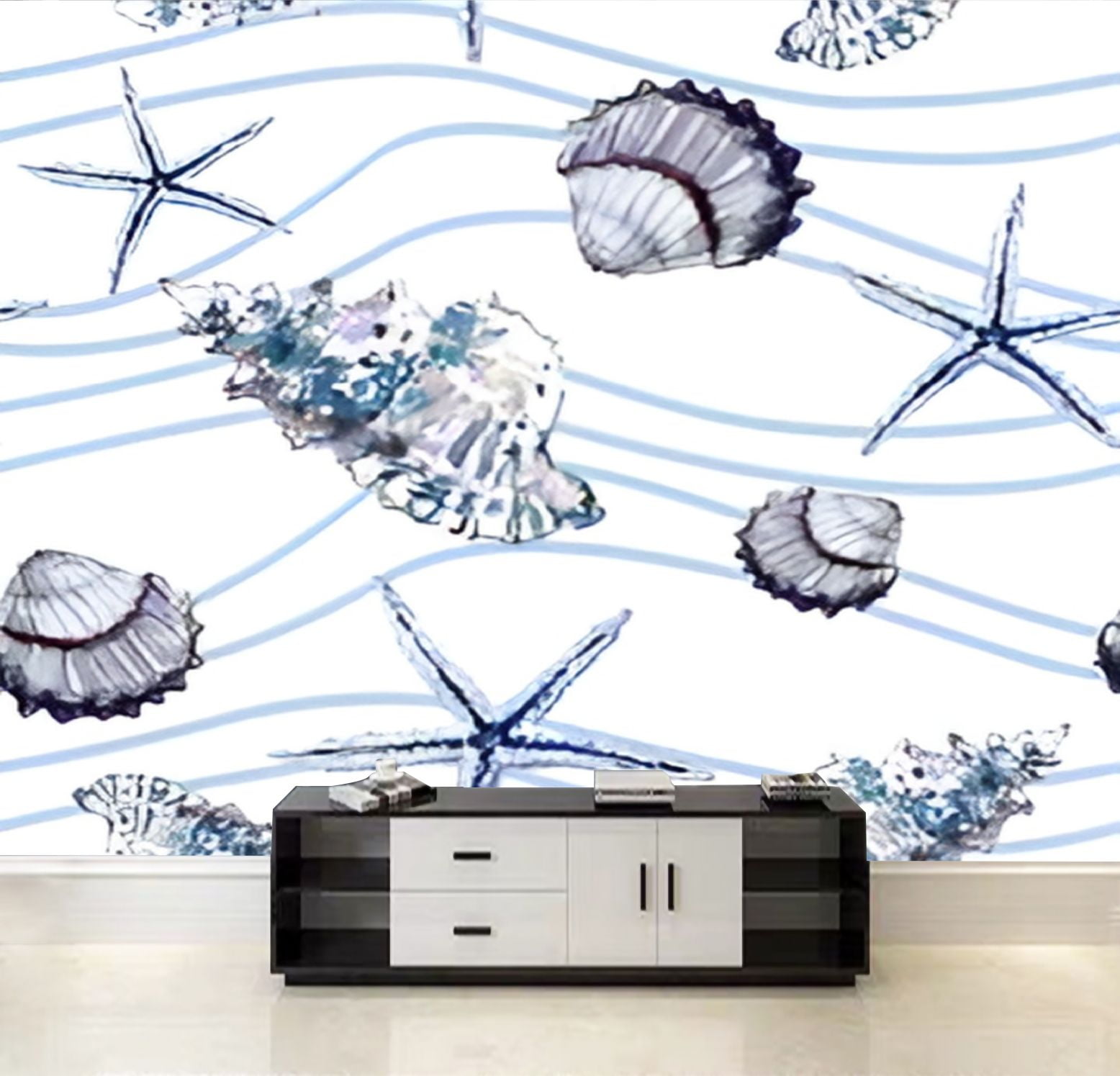 Peel and Stick Wallpaper Seamless marine pattern shells starfish blue ...