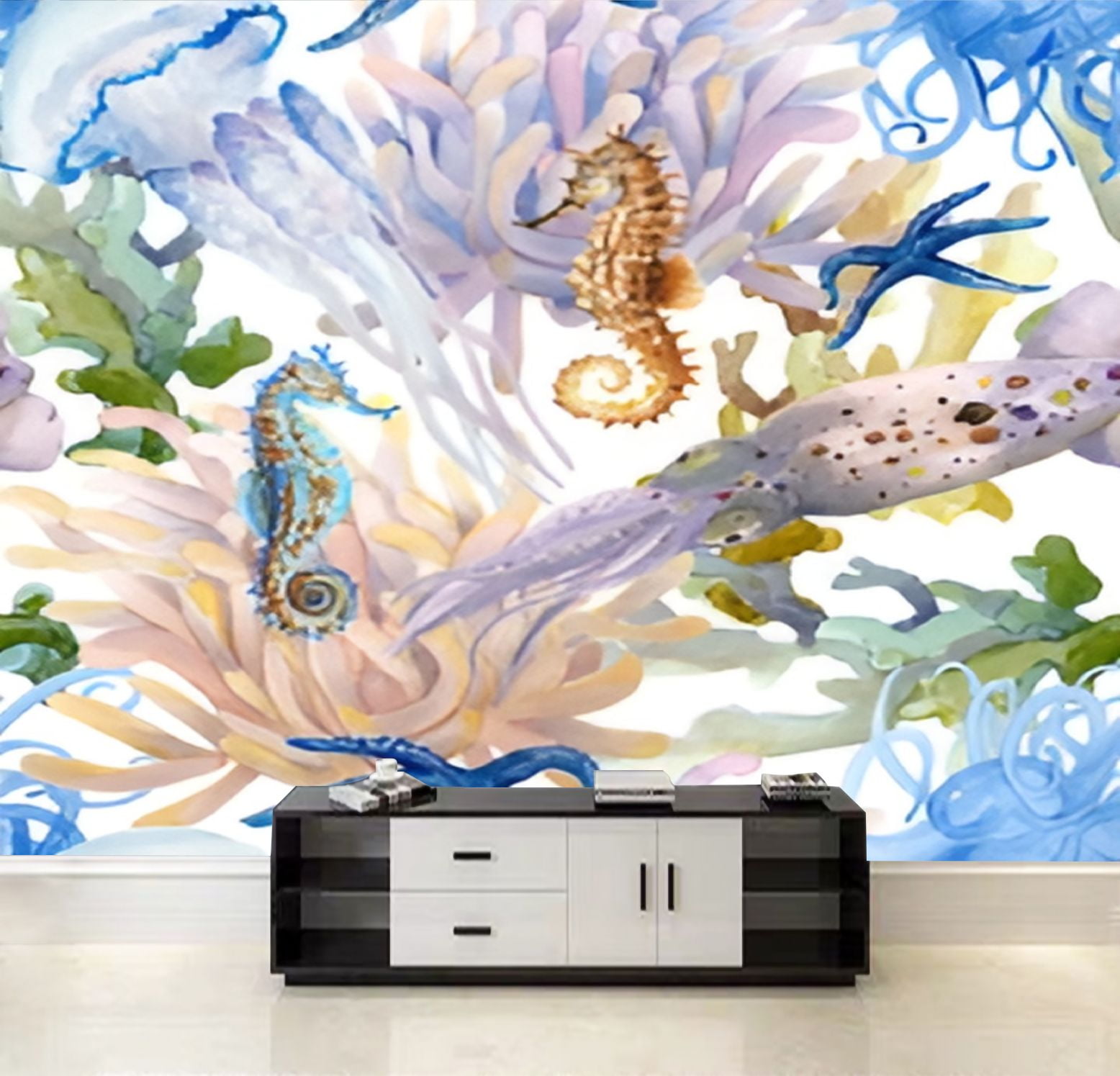 Peel and Stick Wallpaper Seamless pattern coral anemones starfish squid ...