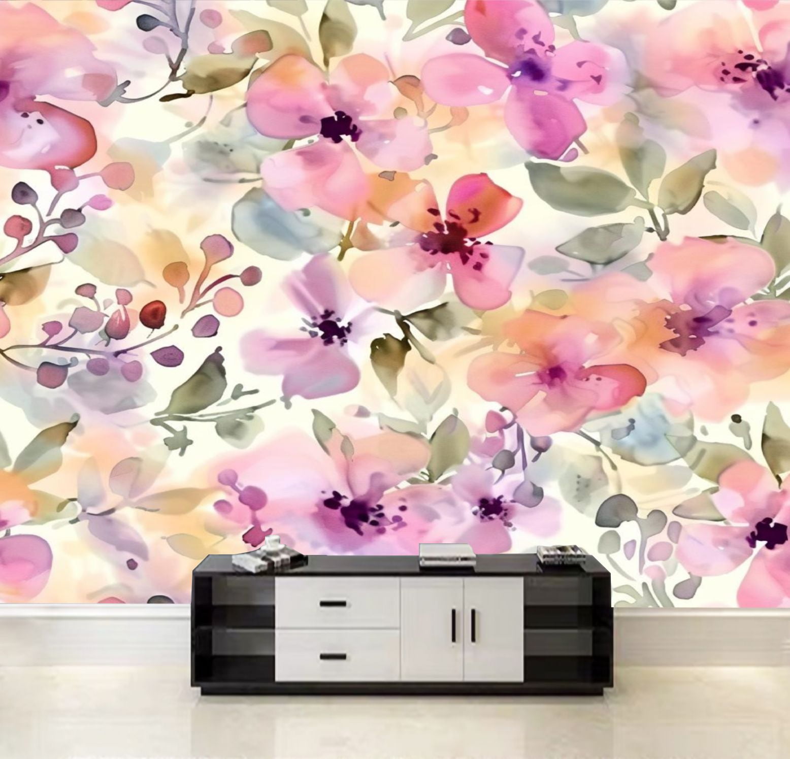 Peel and Stick Wallpaper Seamless pattern flowers green leaf abstract ...