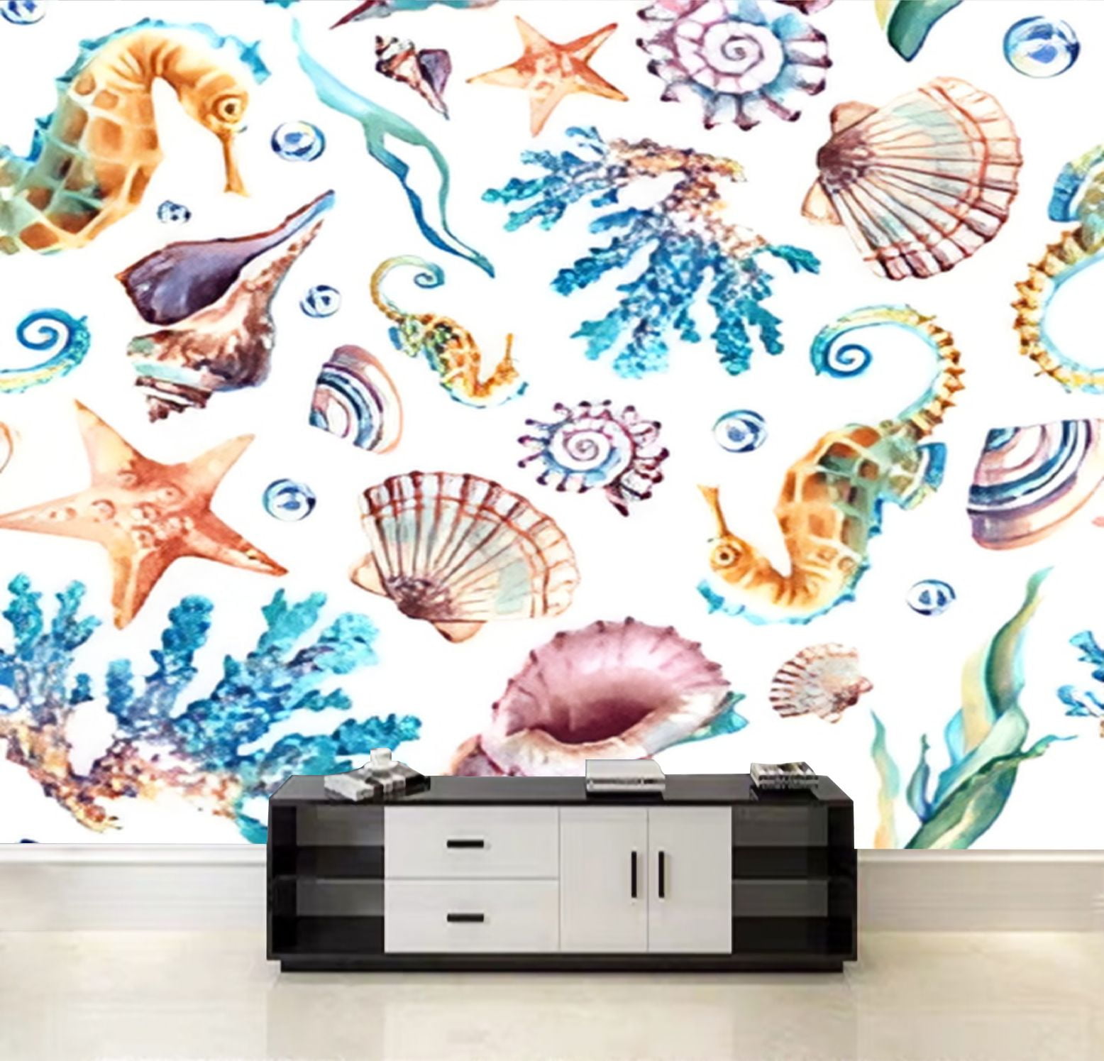 Peel and Stick Wallpaper Seamless pattern marine animals Seashells ...