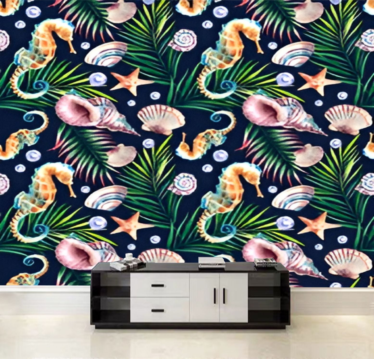 Peel and Stick Wallpaper Seamless pattern marine animals Seashells ...