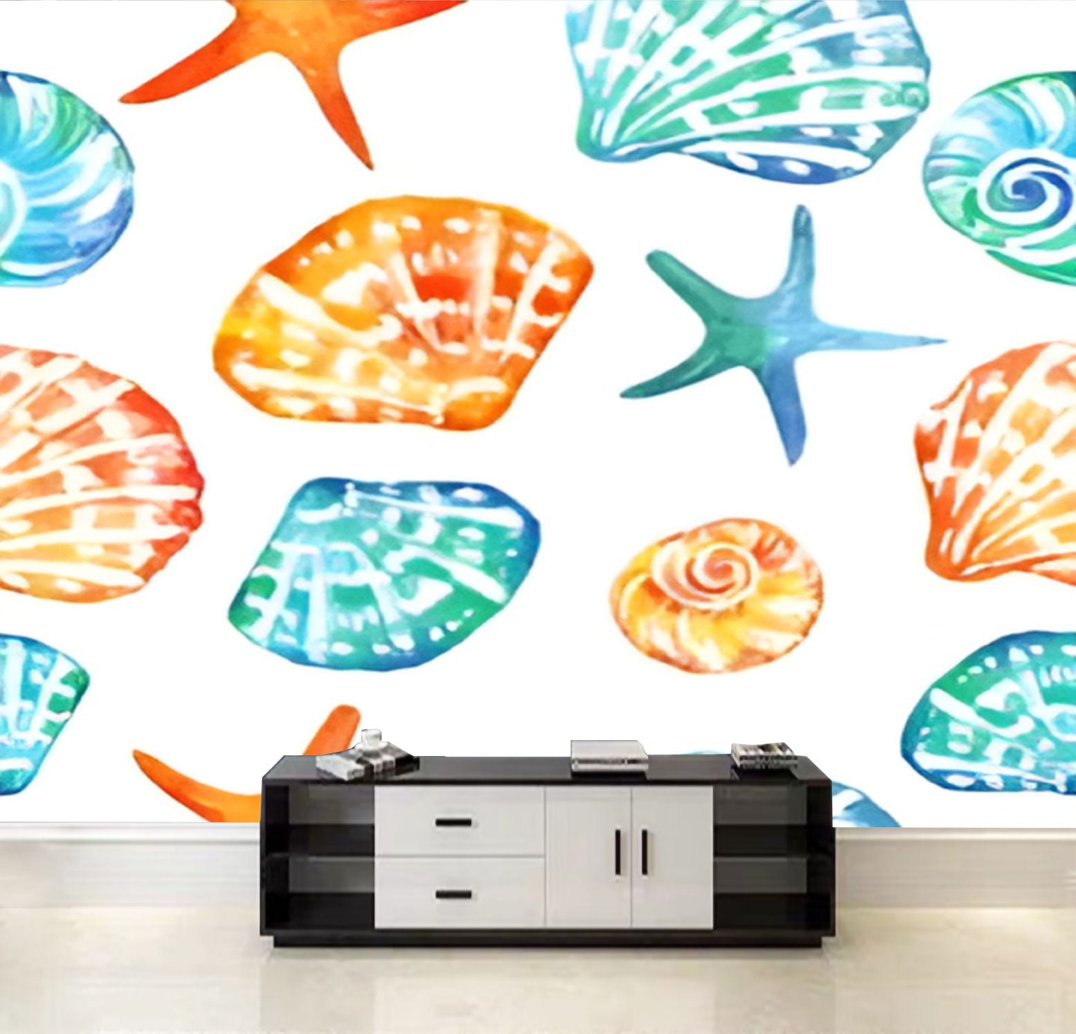 Peel and Stick Wallpaper Seamless pattern marine seashells starfish ...