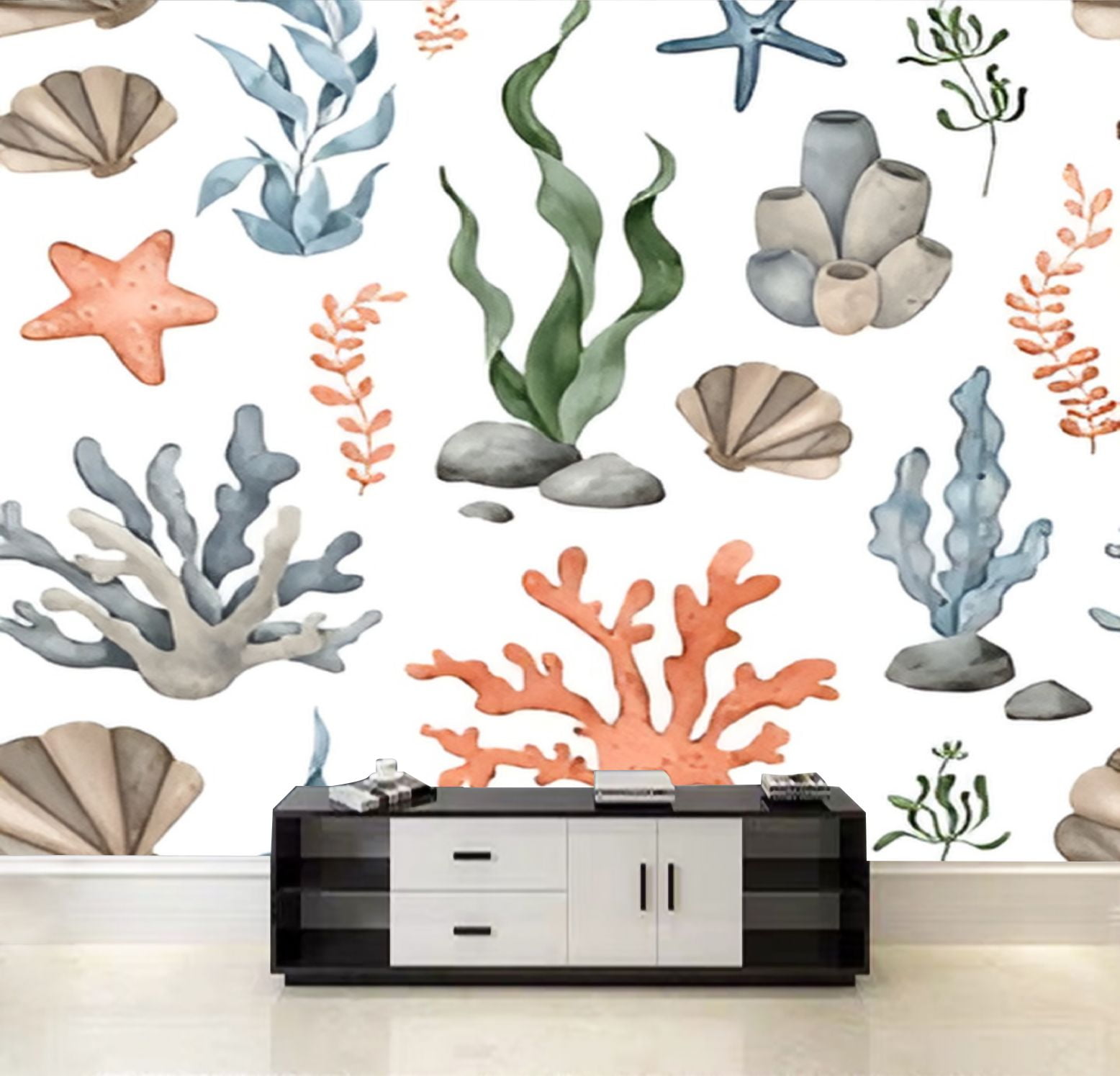 Peel and Stick Wallpaper Seamless pattern sea Pebbles marine coral ...