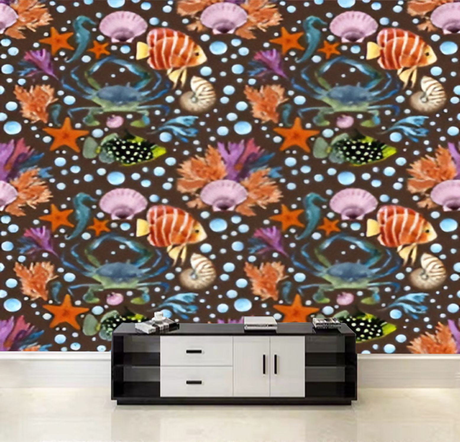 Peel and Stick Wallpaper Seamless pattern tropical theme Seahorse Crab ...