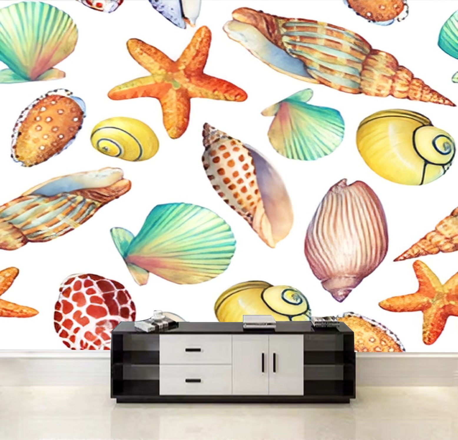 Peel and Stick Wallpaper Seamless pattern underwater life objects white Marine shell Watercolor ...
