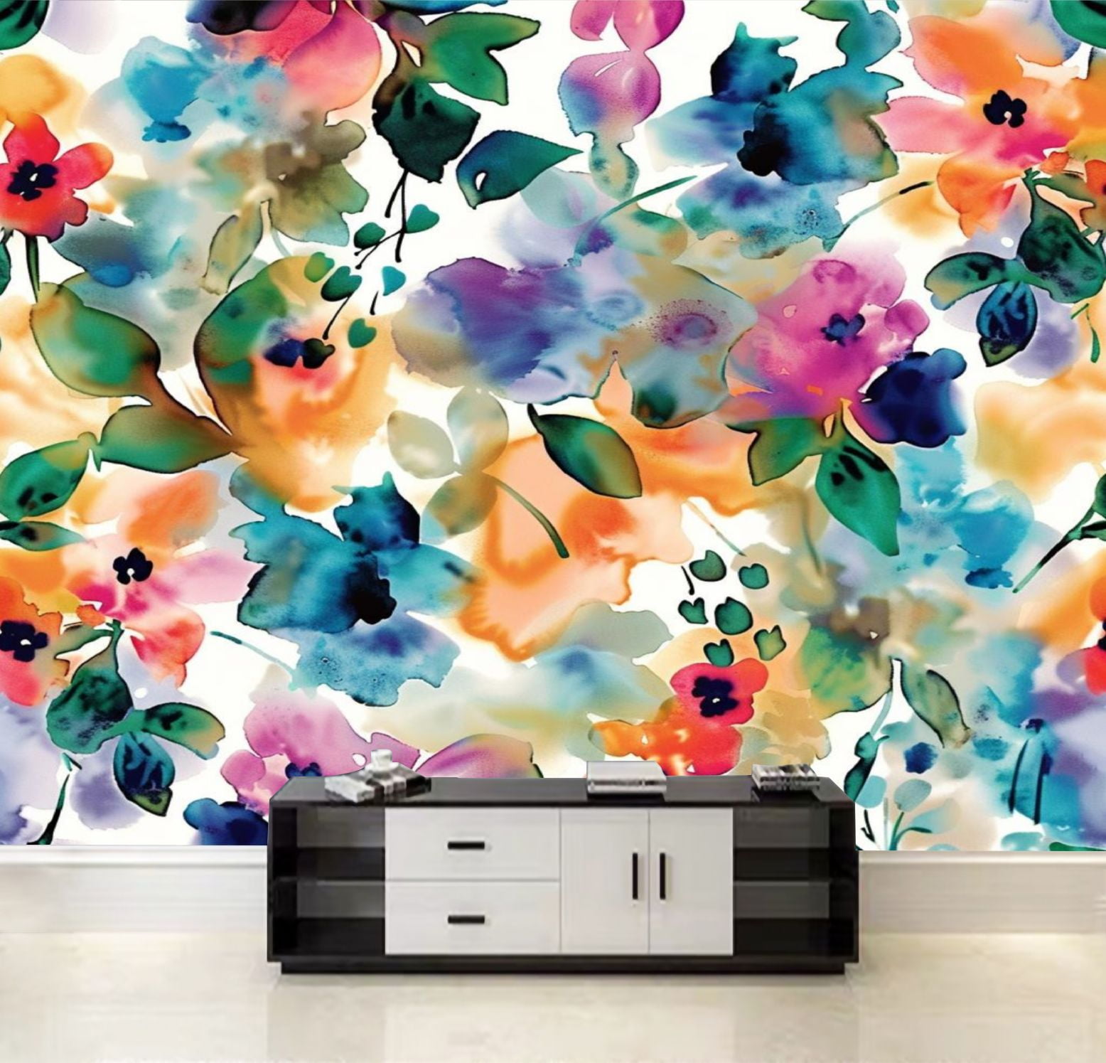 Peel and Stick Wallpaper Seamless pattern watercolor flowers colorful ...