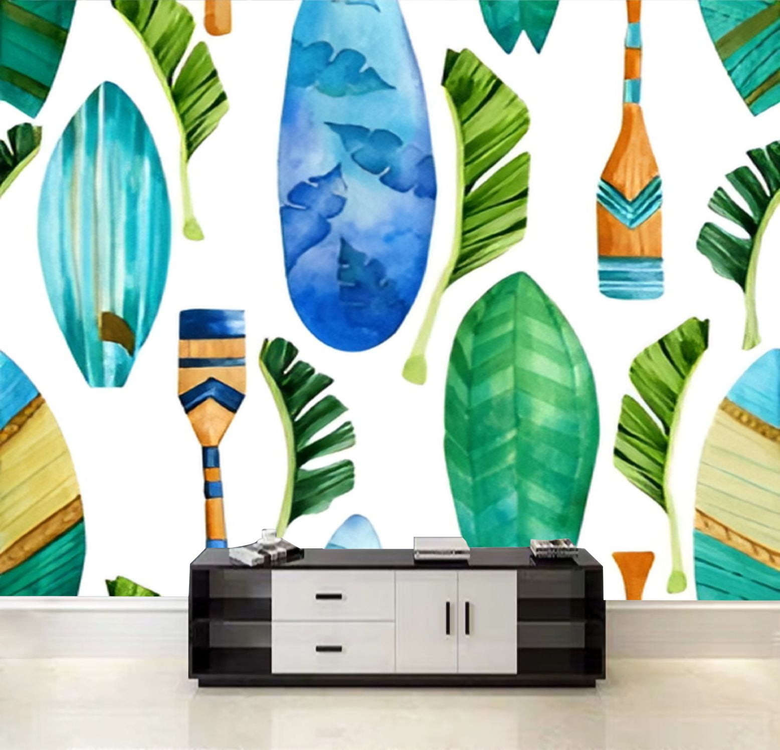 Peel and Stick Wallpaper Seamless watercolor pattern Hand drawn surfer ...